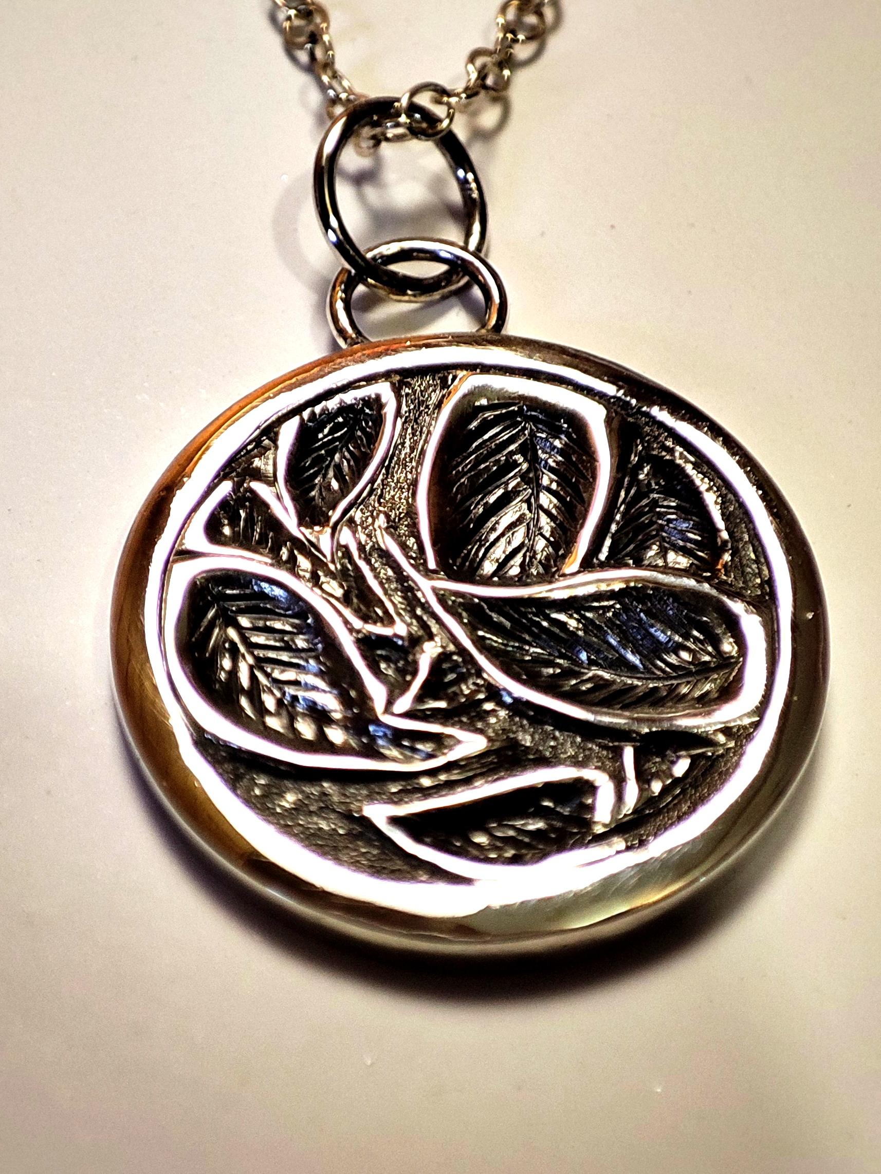 Hand Engraved Leaf Pendant in Sterling Silver, Circular Pendant