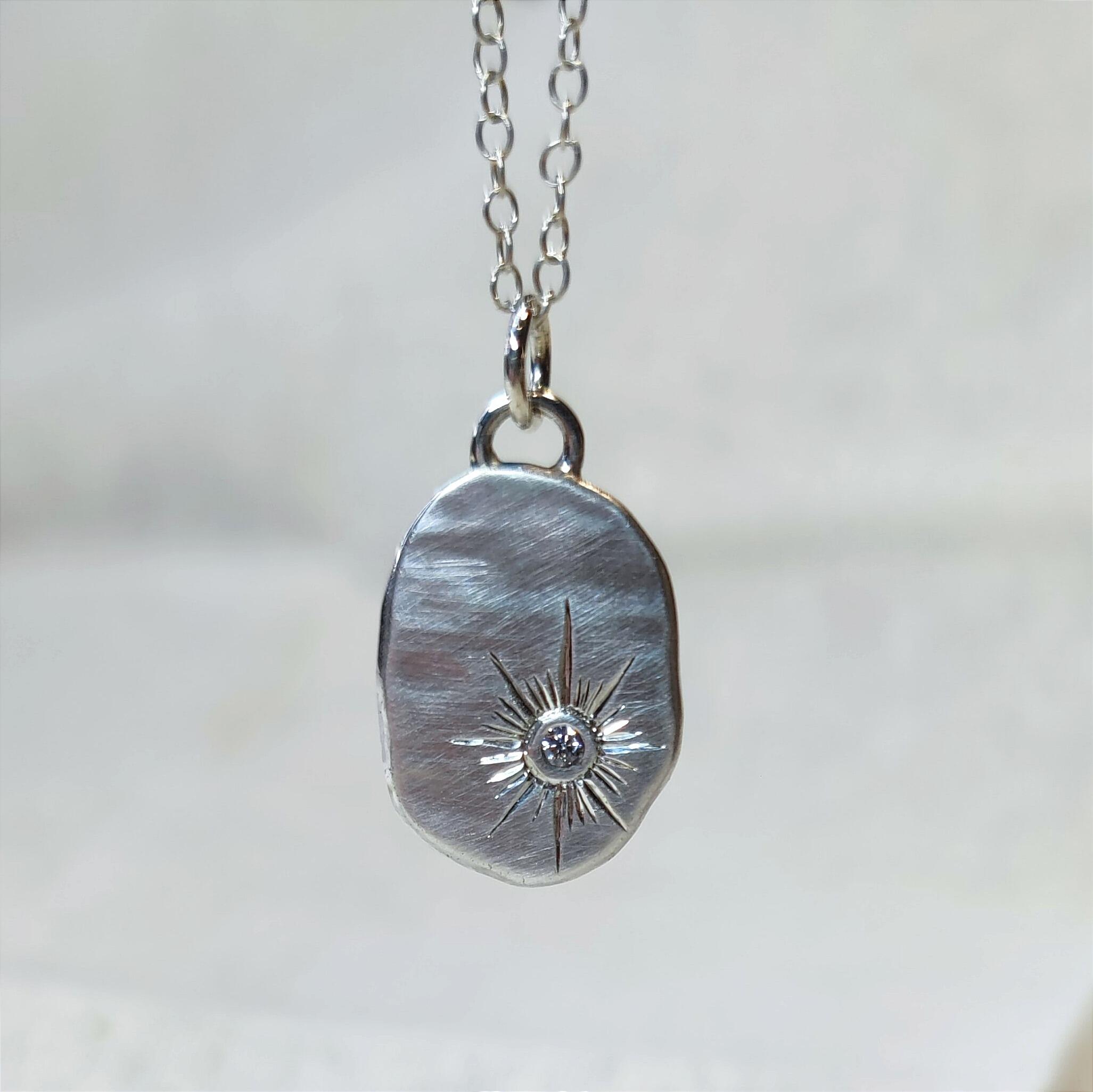 Pebble Pendant with hand engraved Sun design and 2mm Cubic Zirconia ...