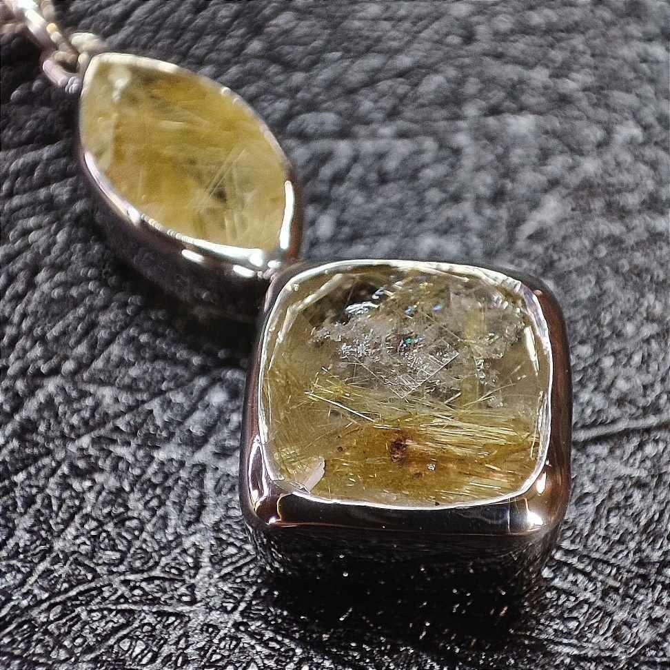 Rutilated Quartz Pendant, with Marquise and Cushion Checkerboard cut stones