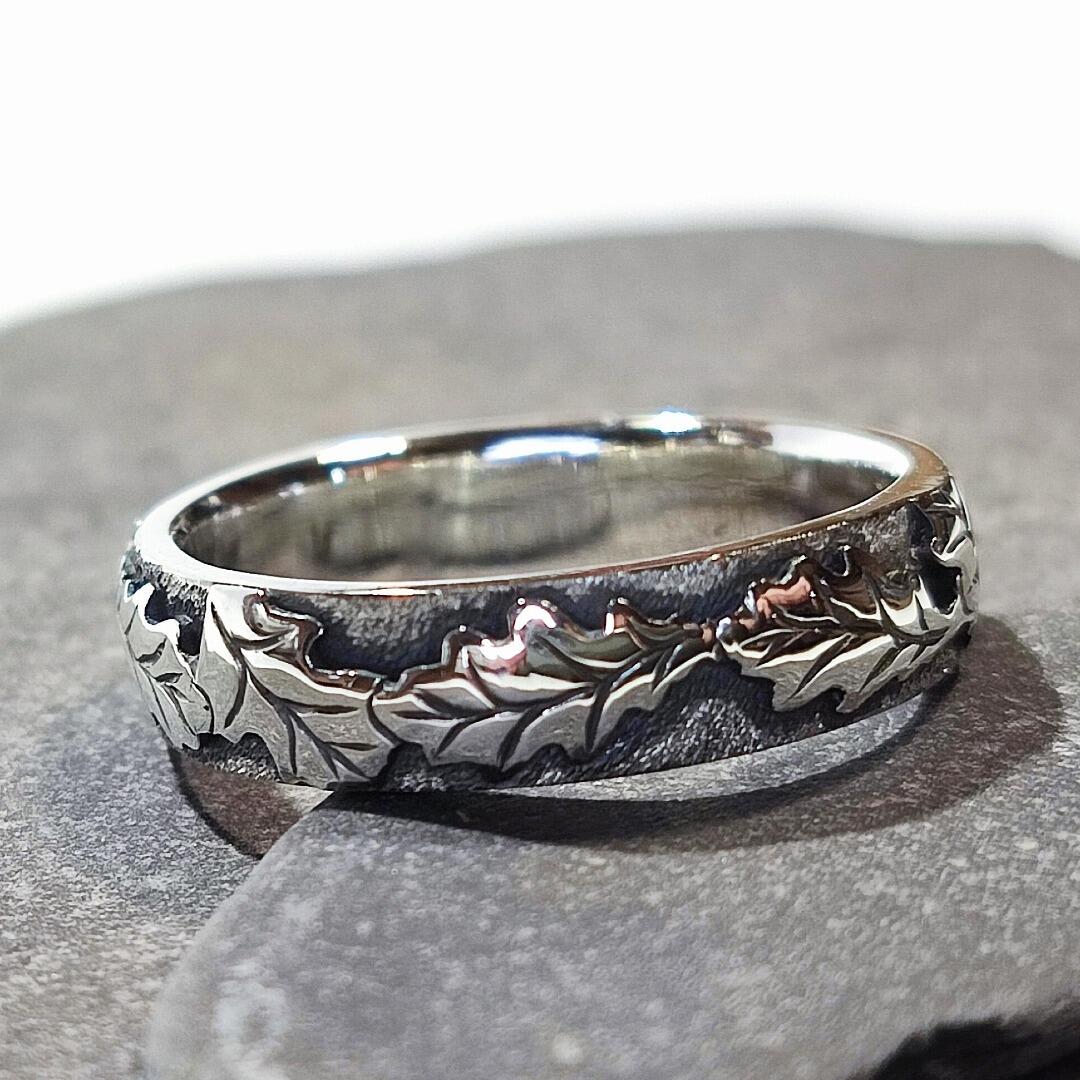 Oak Leaf Hand Engraved Recycled Sterling Silver Ring