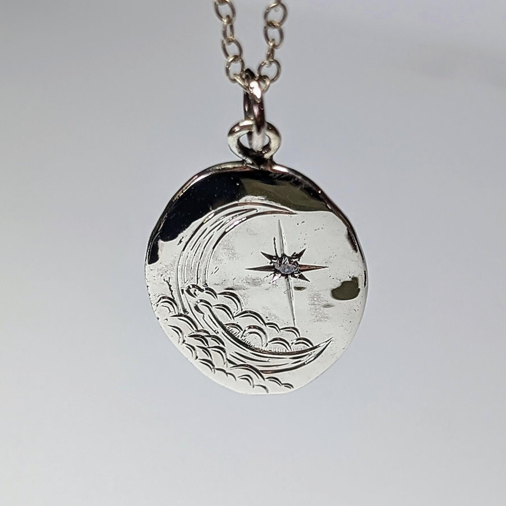 Hand Engraved Moon and Star Nugget Pendant, with 2mm cubic zirconia ...