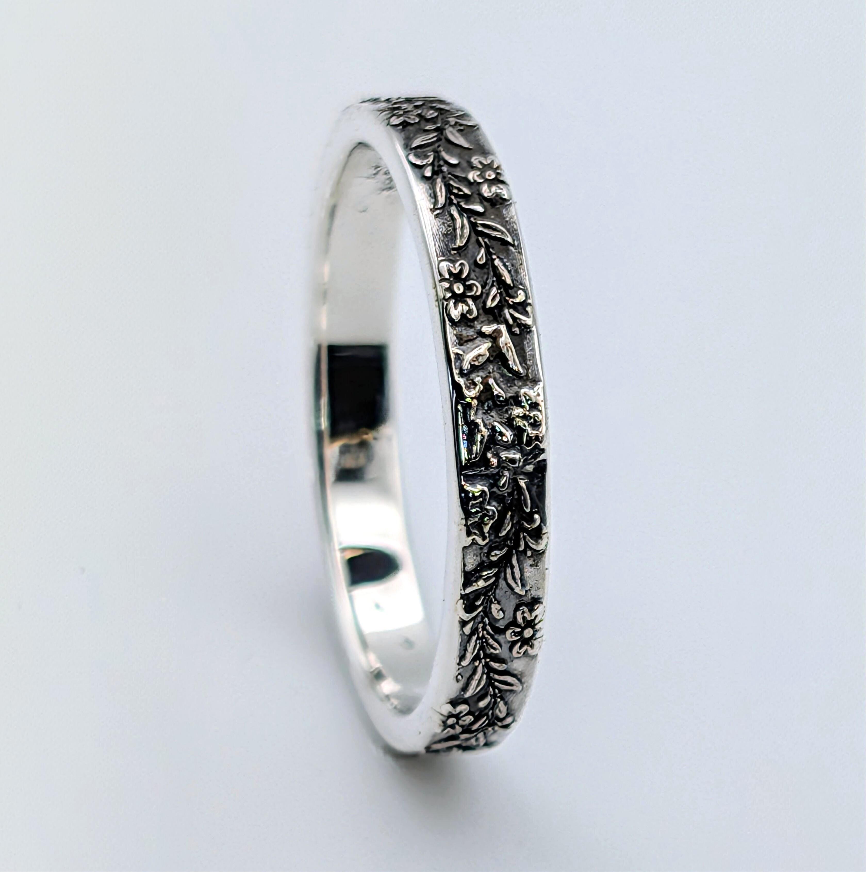 3mm Wide Pansy Floral Band, handmade with recycled sterling silver