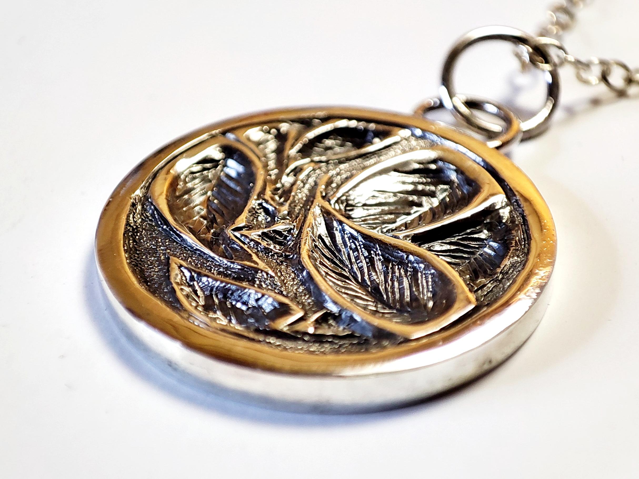 Hand Engraved Leaf Pendant in Sterling Silver, Circular Pendant