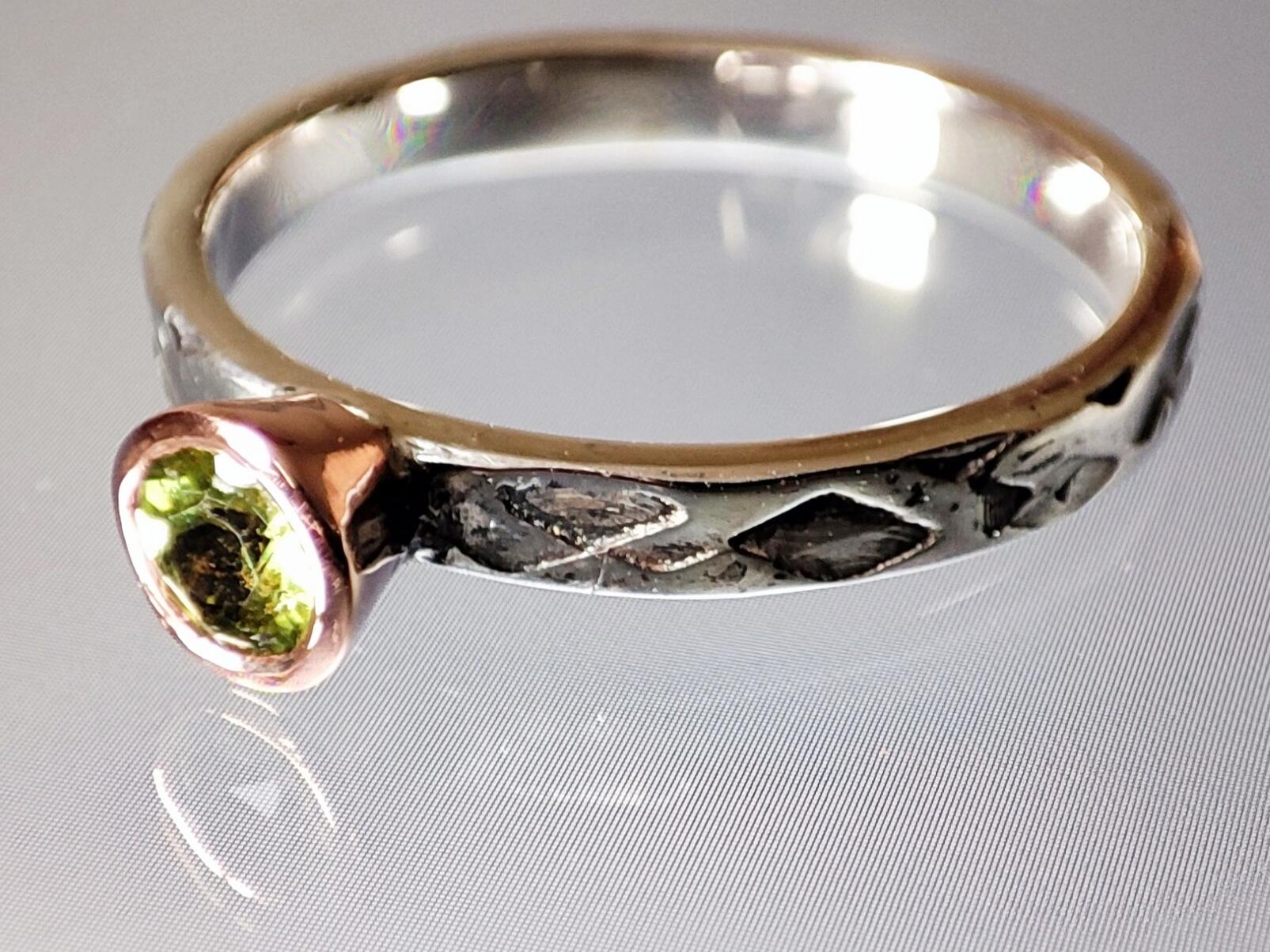 Diamond Texture Stacking Ring with 4mm Peridot in a Copper Bezel