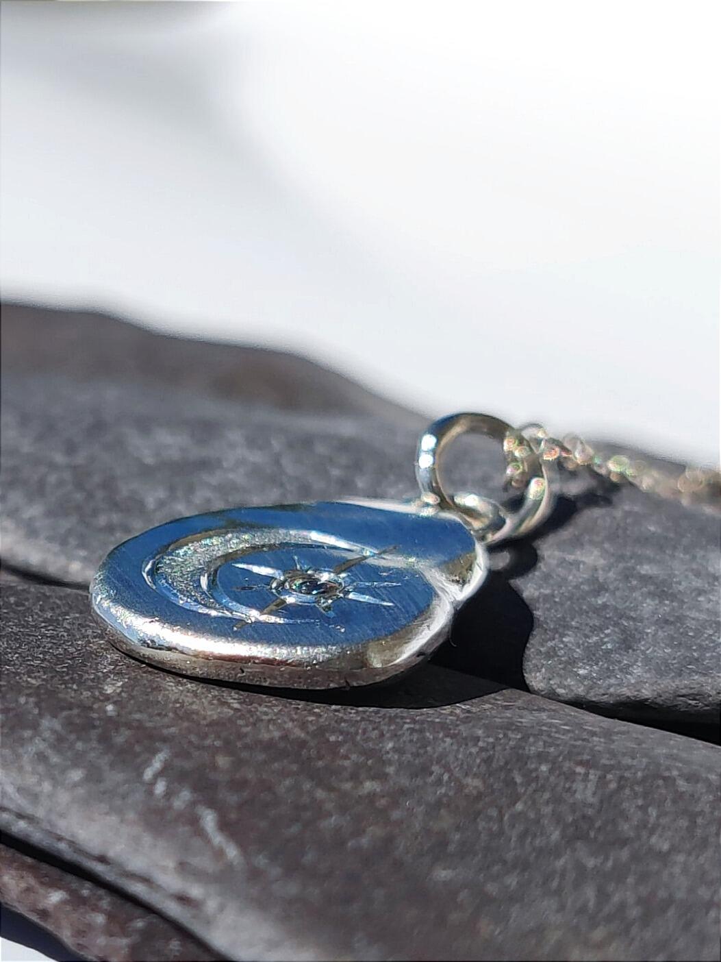 Pebble Pendant with hand engraved Moon and Stars design and 2mm Cubic ...
