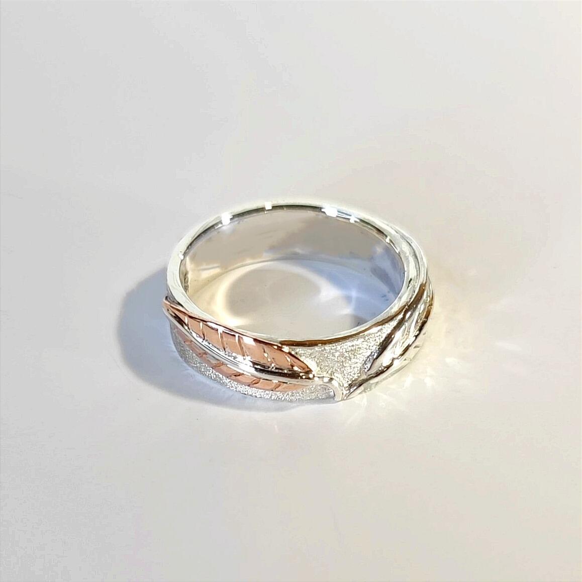 Leaf ring hand made with recycled sterling silver and copper, wide band ...