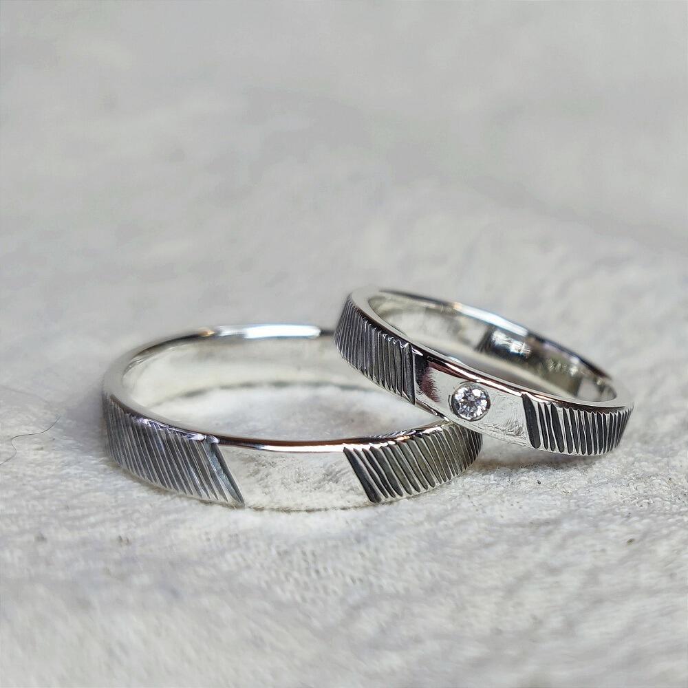Diagonal Line Wedding Band Set, hand engraved and made from Sterling ...