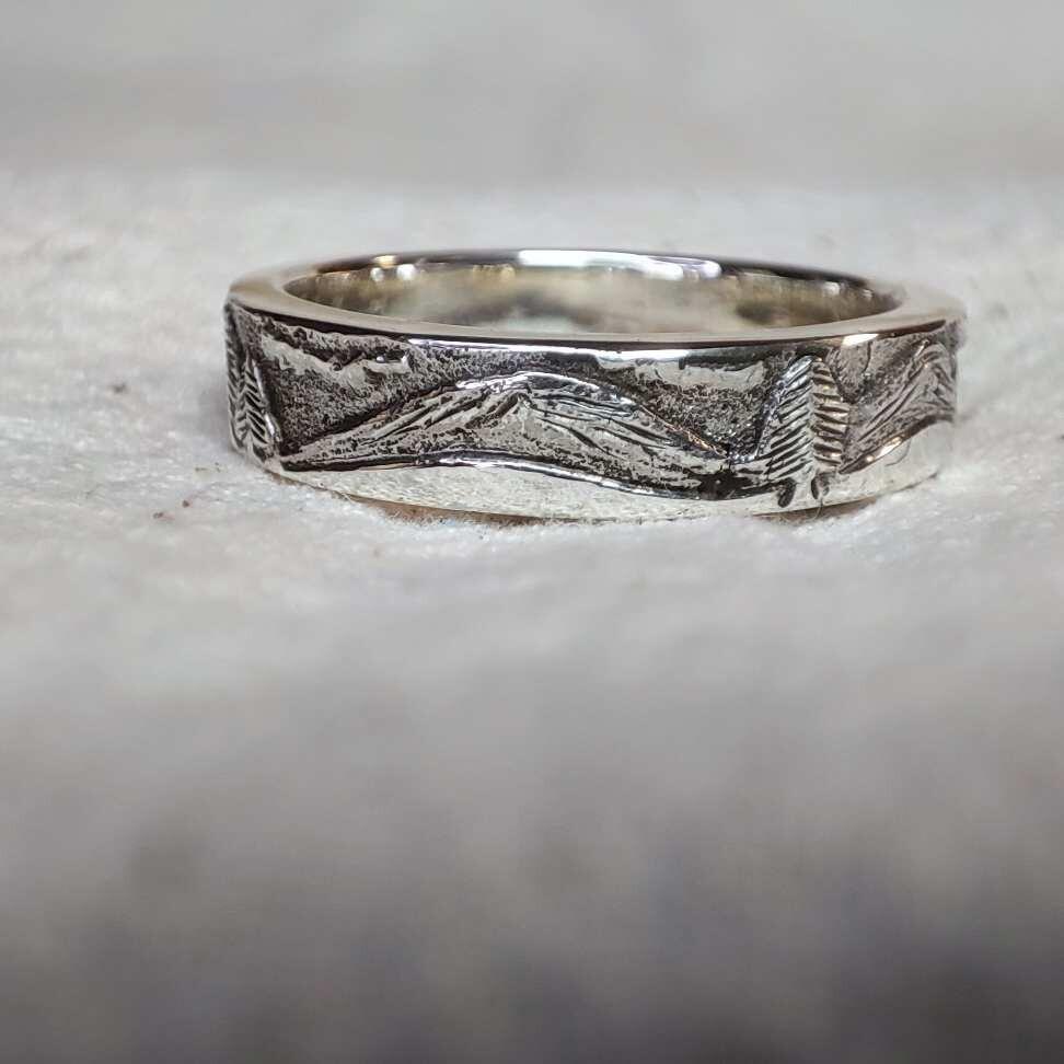 Hand Engraved Three Tree Mountain Ring, handmade with recycled sterling ...