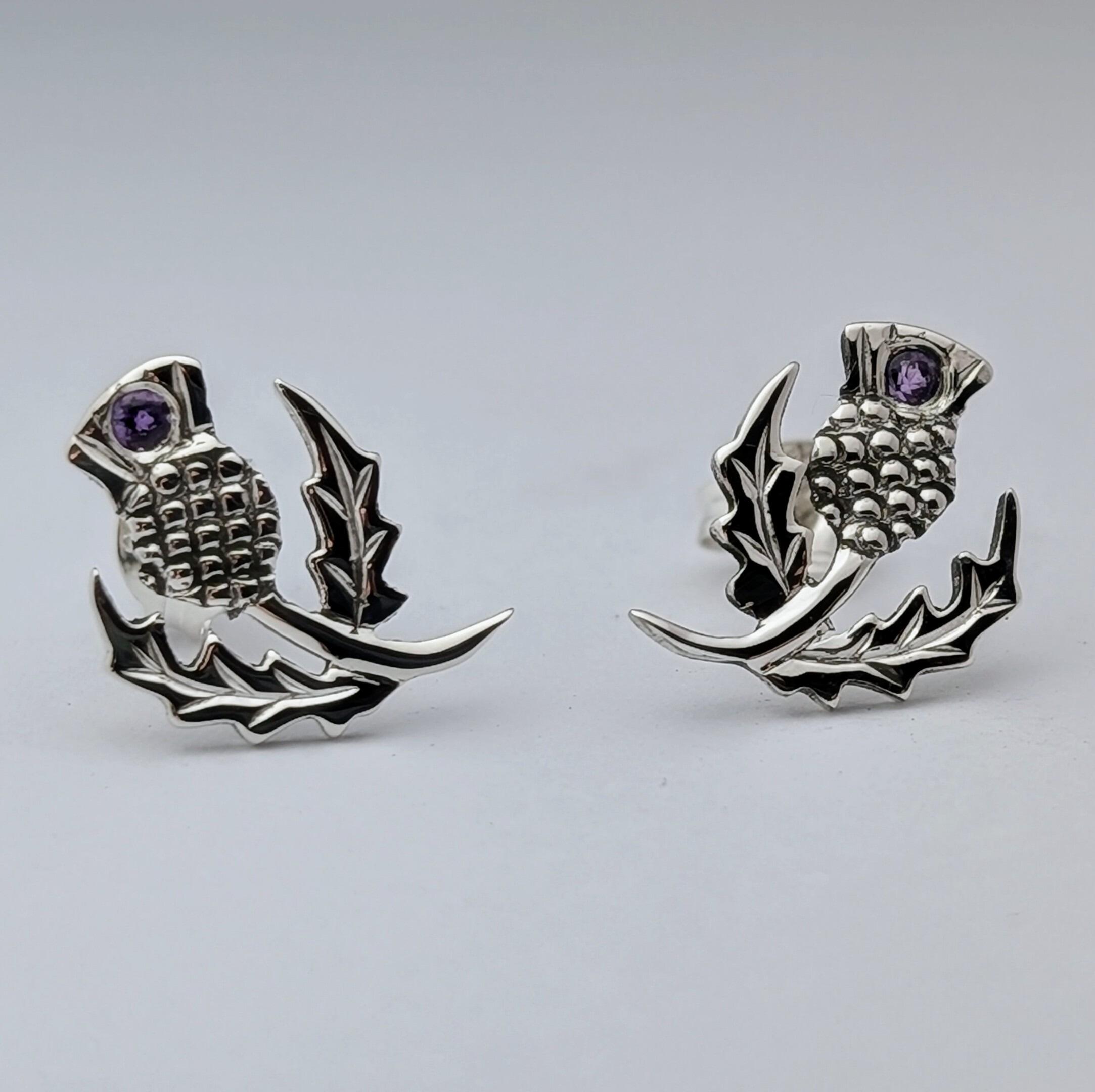 Thistle Stud Earrings with Amethyst handmade with recycled sterling silver