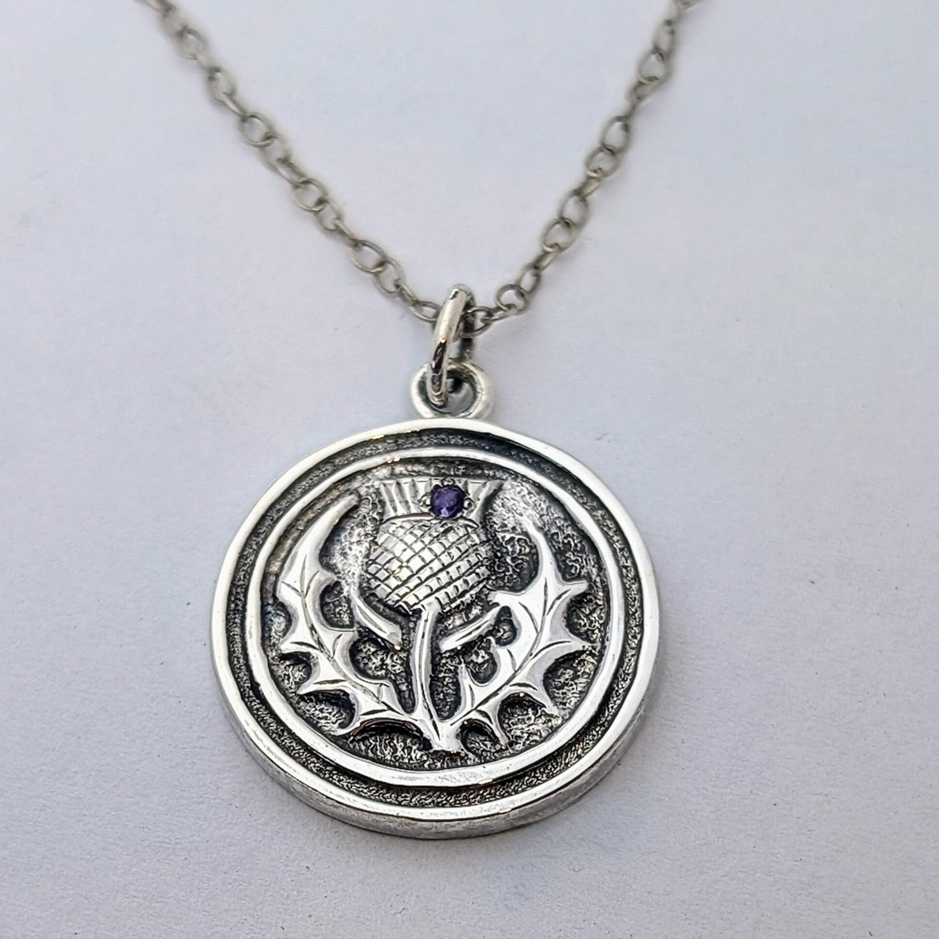 Thistle Pendant with Amethyst, handmade with recycled sterling silver