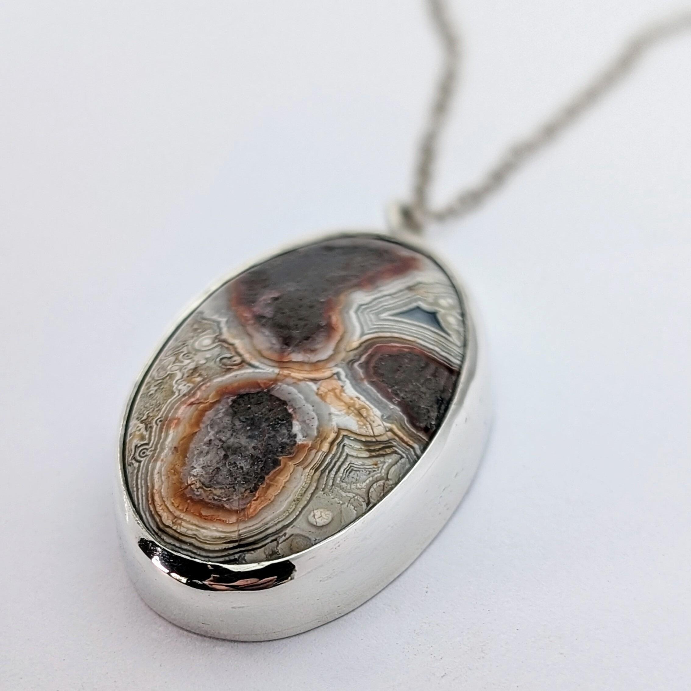 Crazy Lace Agate Oval Pendant handmade with Recycled Sterling Silver