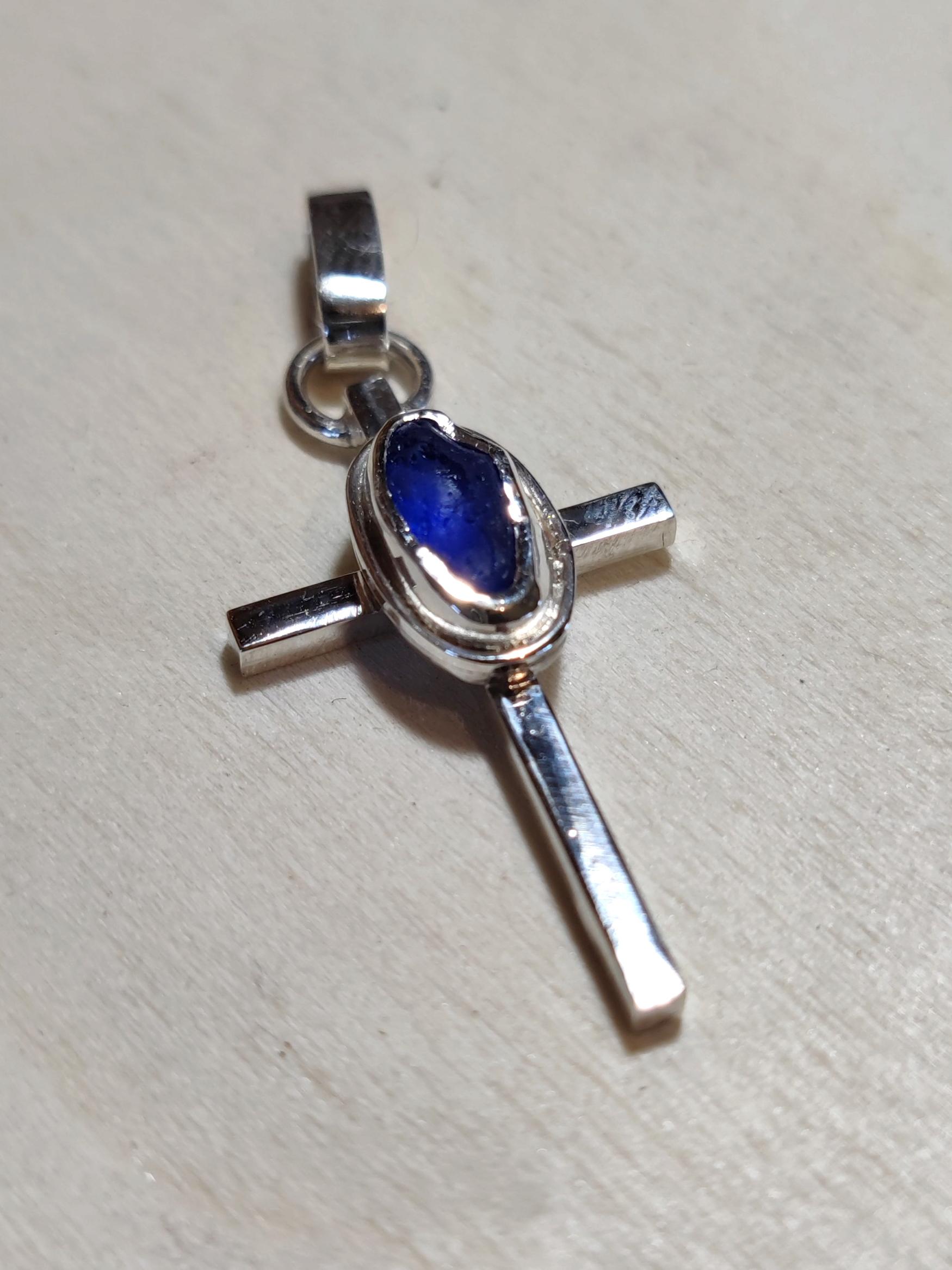 Sterling Silver Blue Sea Glass Crucifix