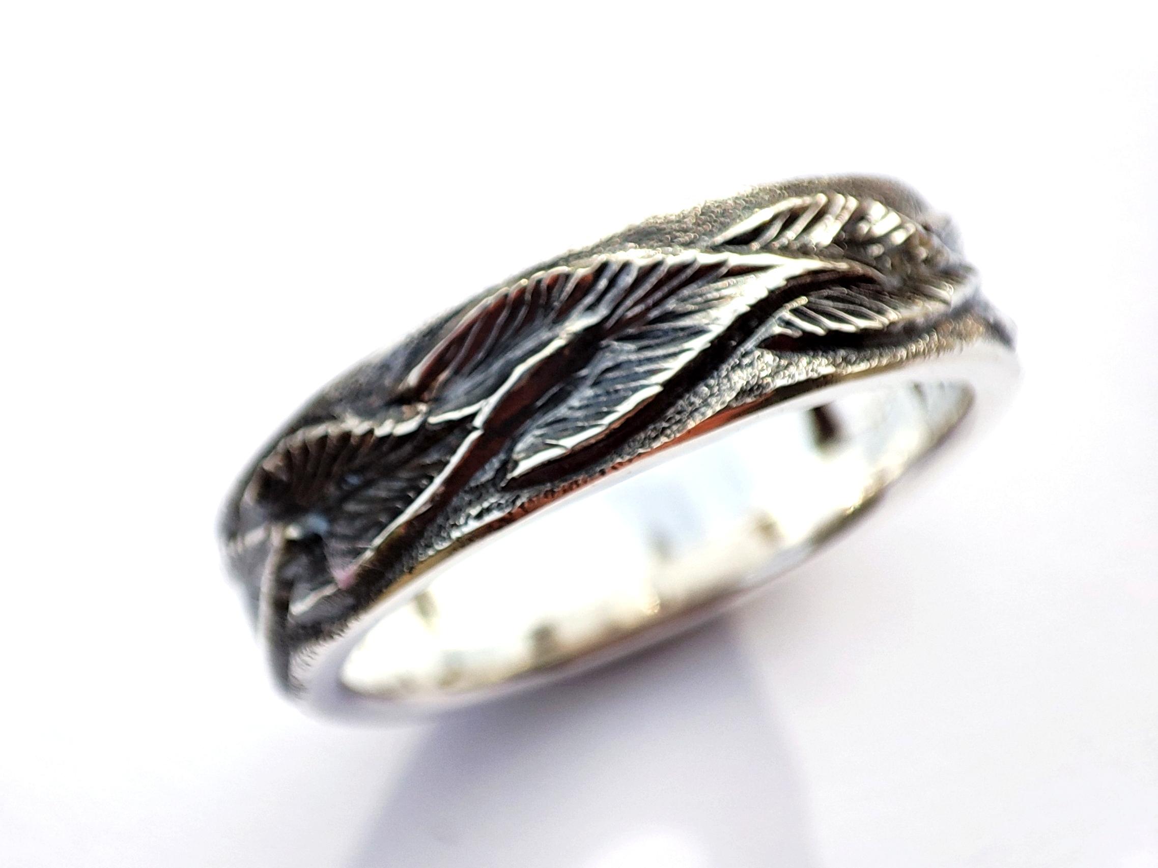 Hand Engraved Leaf Ring, Wide Band Ring, in Sterling Silver