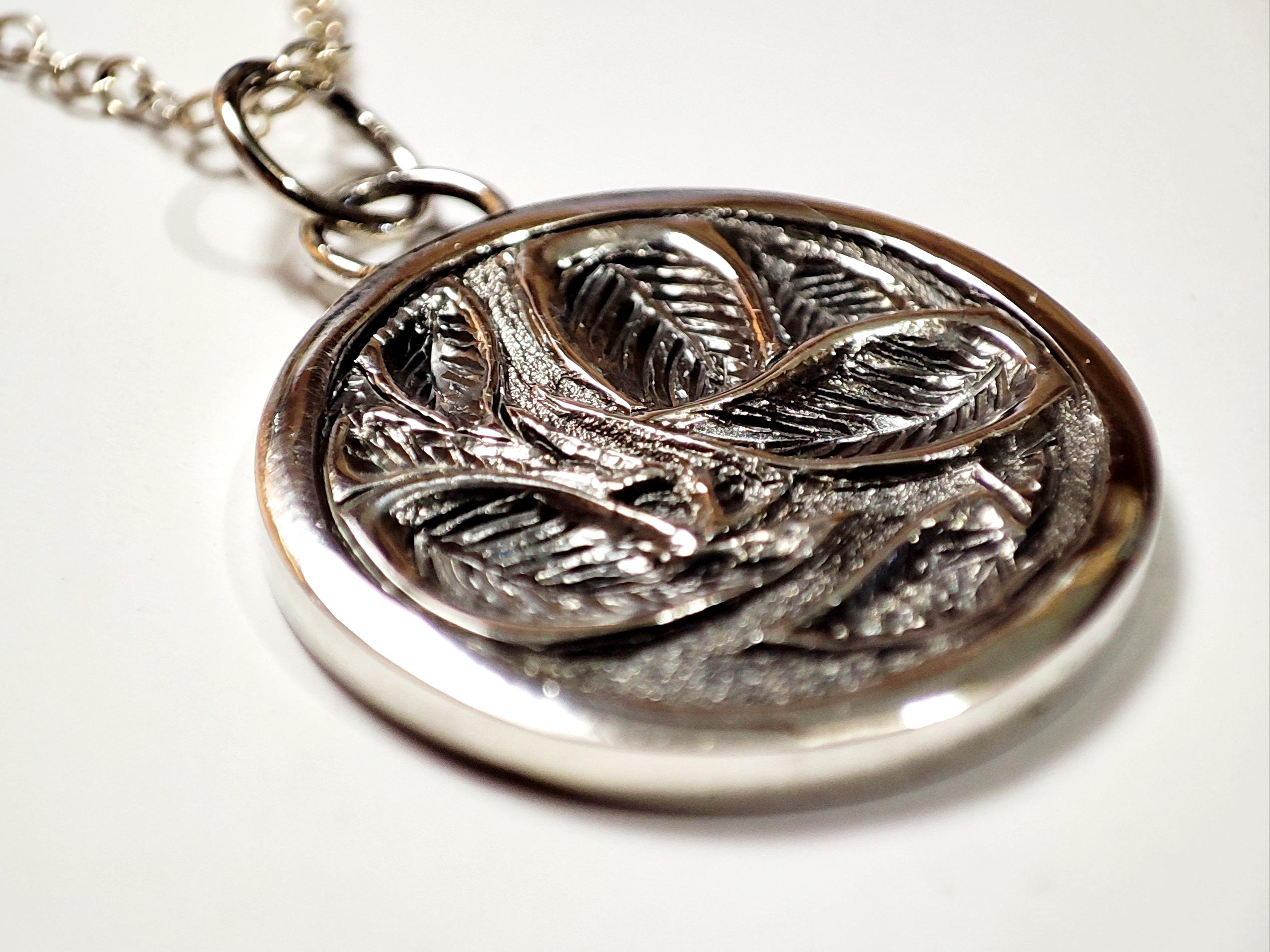 Hand Engraved Leaf Pendant in Sterling Silver, Circular Pendant