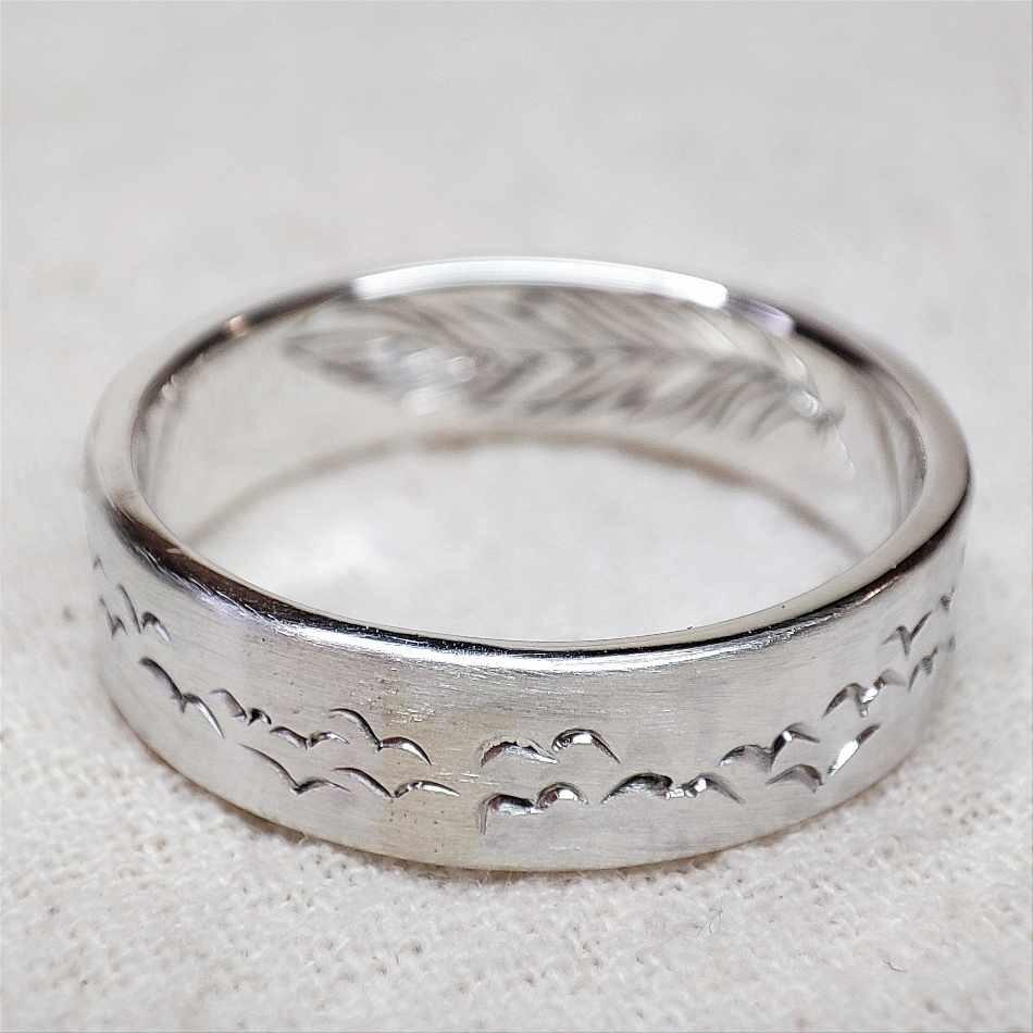 Birds Wide Band Ring with Inner Feather Engraving, handmade with ...