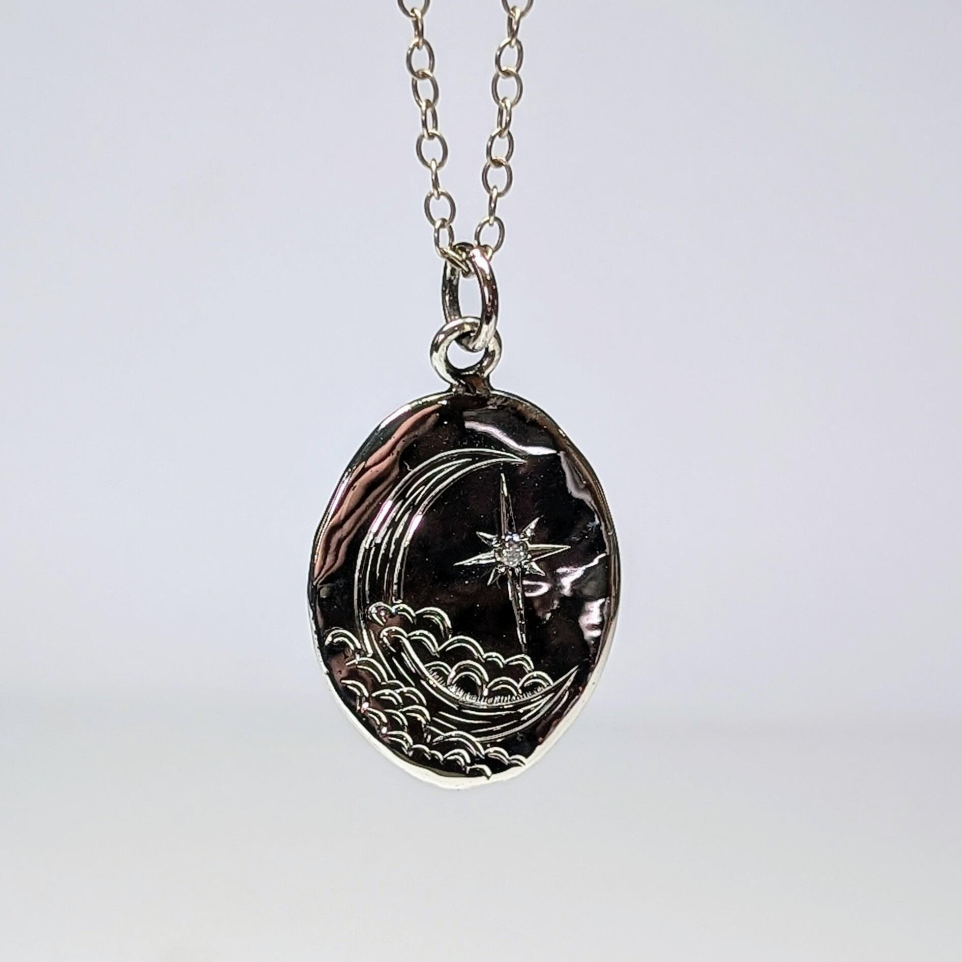 Hand Engraved Moon and Star Nugget Pendant, with 2mm cubic zirconia ...