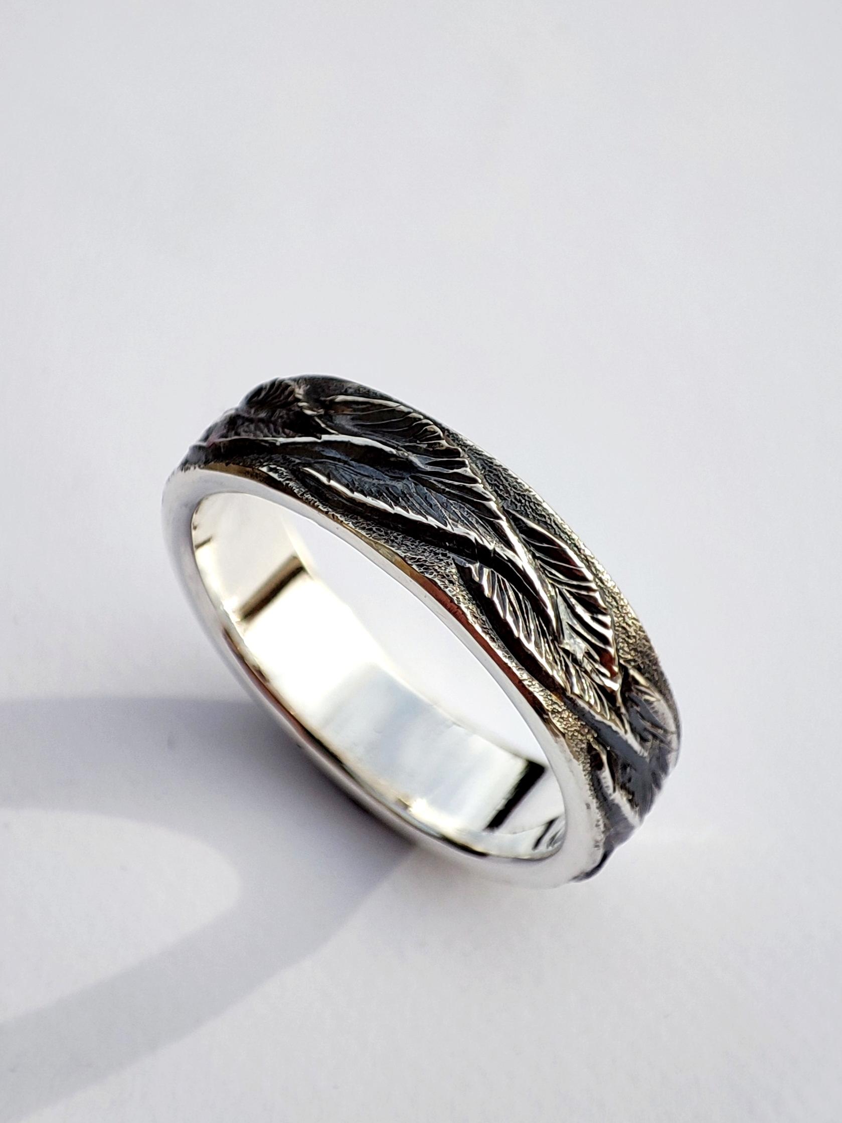 Hand Engraved Leaf Ring, Wide Band Ring, in Sterling Silver