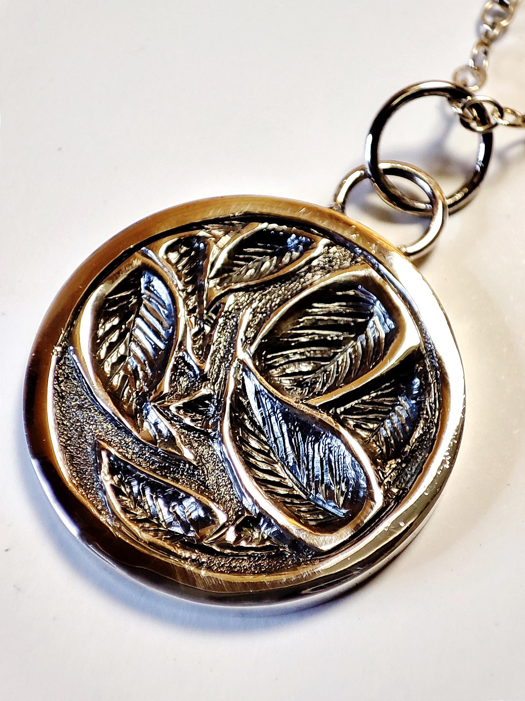 Hand Engraved Leaf Pendant in Sterling Silver, Circular Pendant