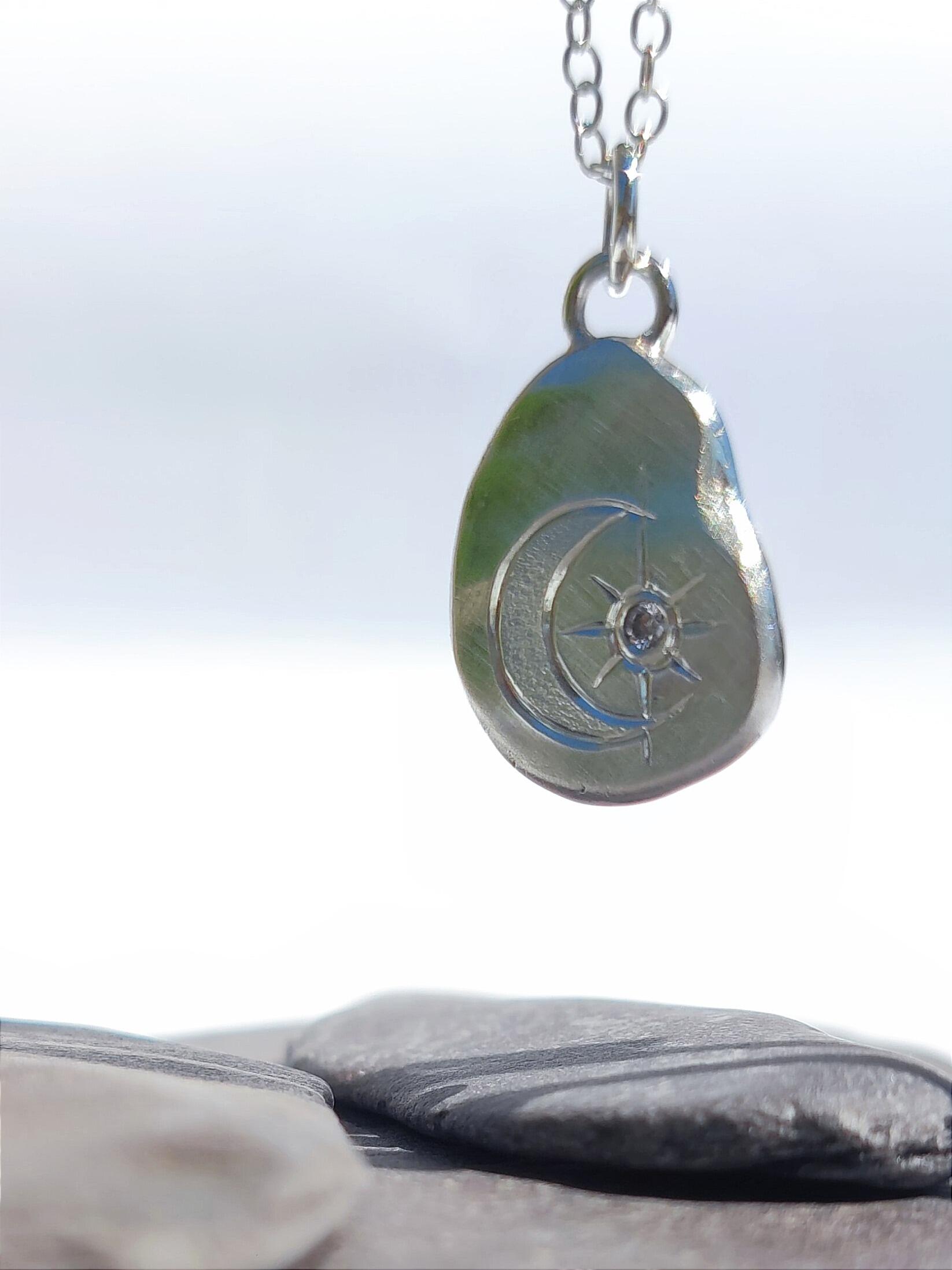 Pebble Pendant with hand engraved Moon and Stars design and 2mm Cubic ...