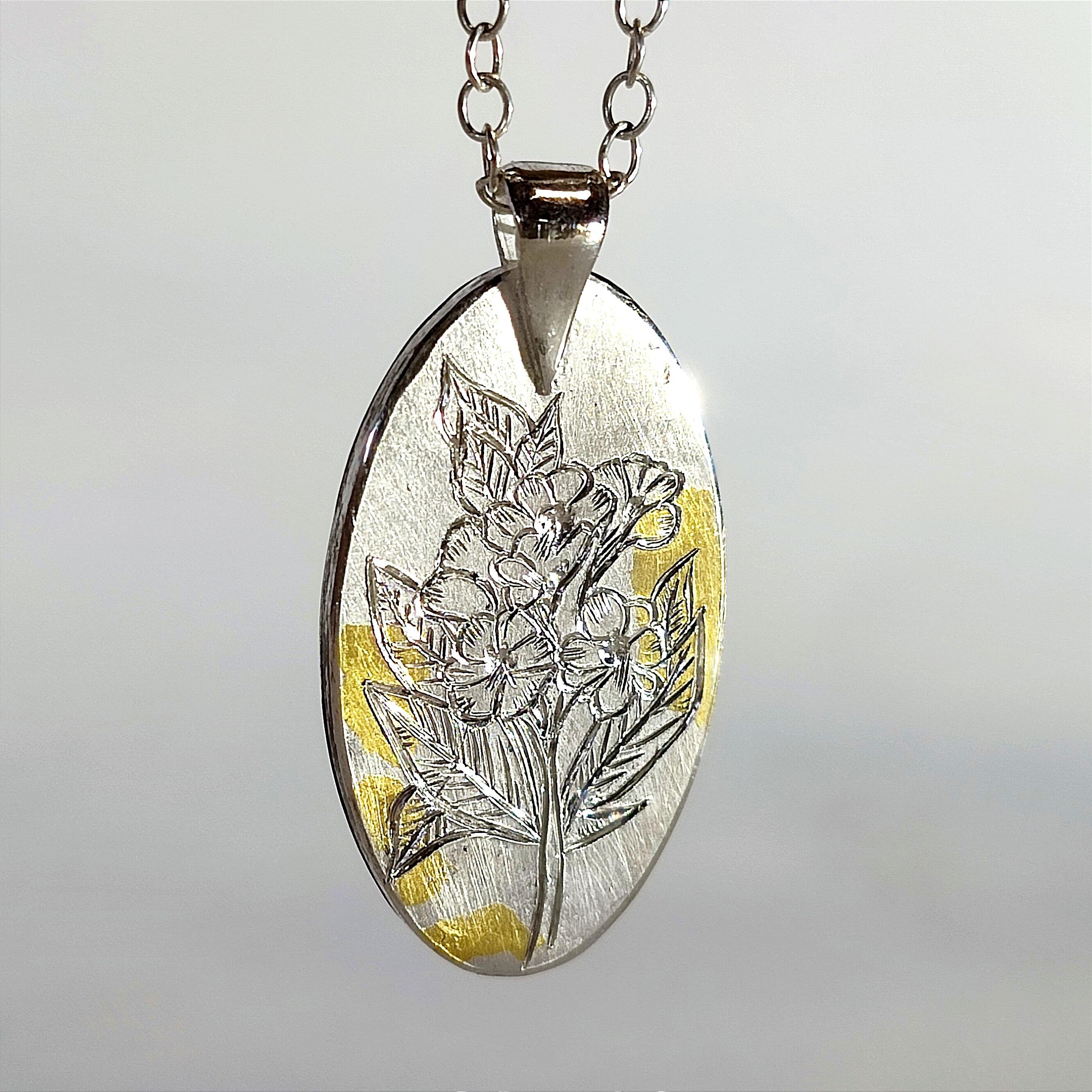 Oval pendant with hand engraved design, with brush finish, made with ...