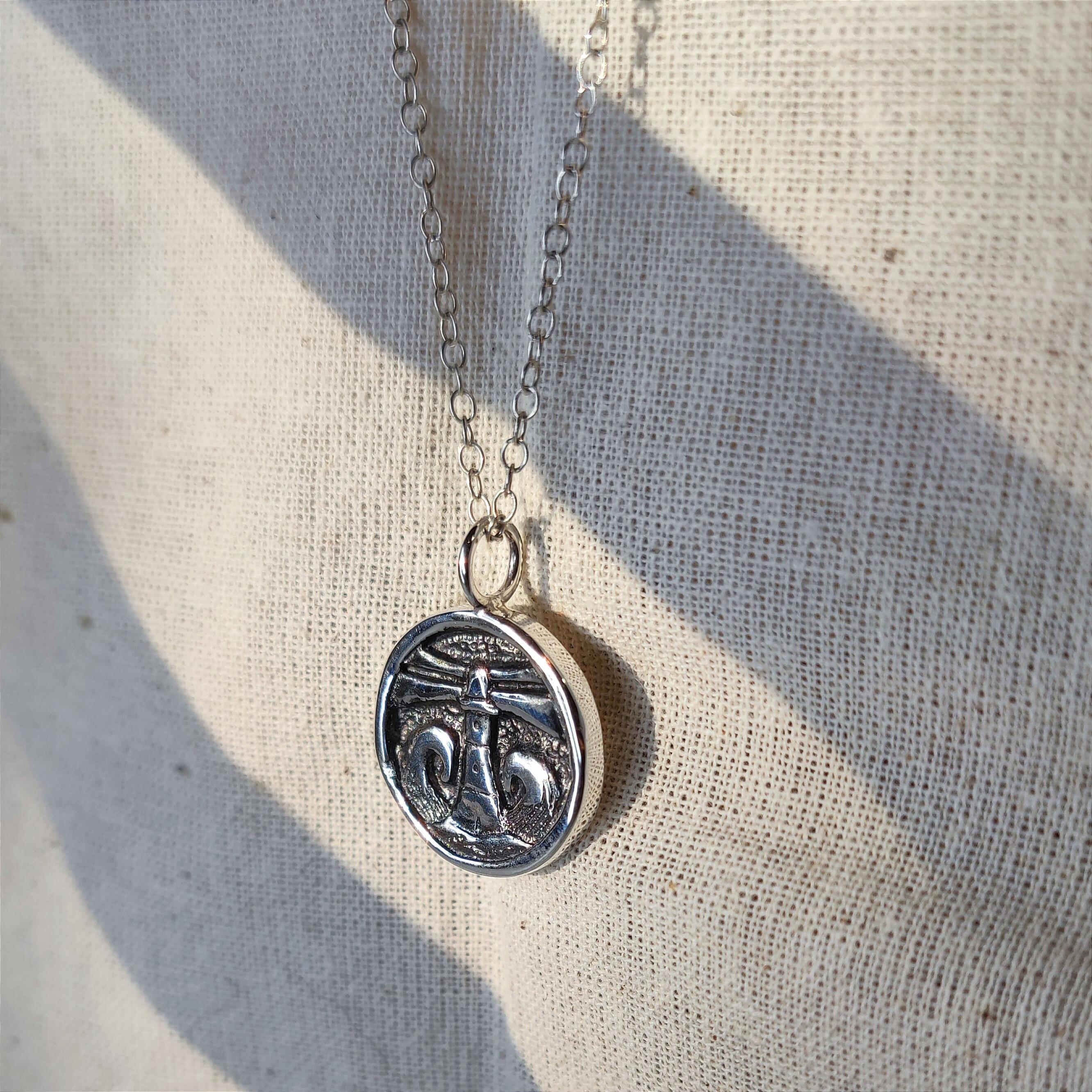 Circular Lighthouse Pendant, handmade with recycled sterling silver