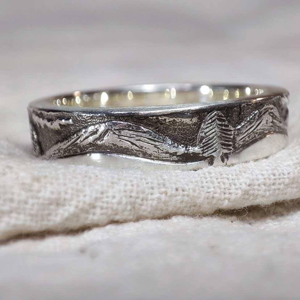 Hand Engraved Three Tree Mountain Ring, handmade with recycled sterling ...
