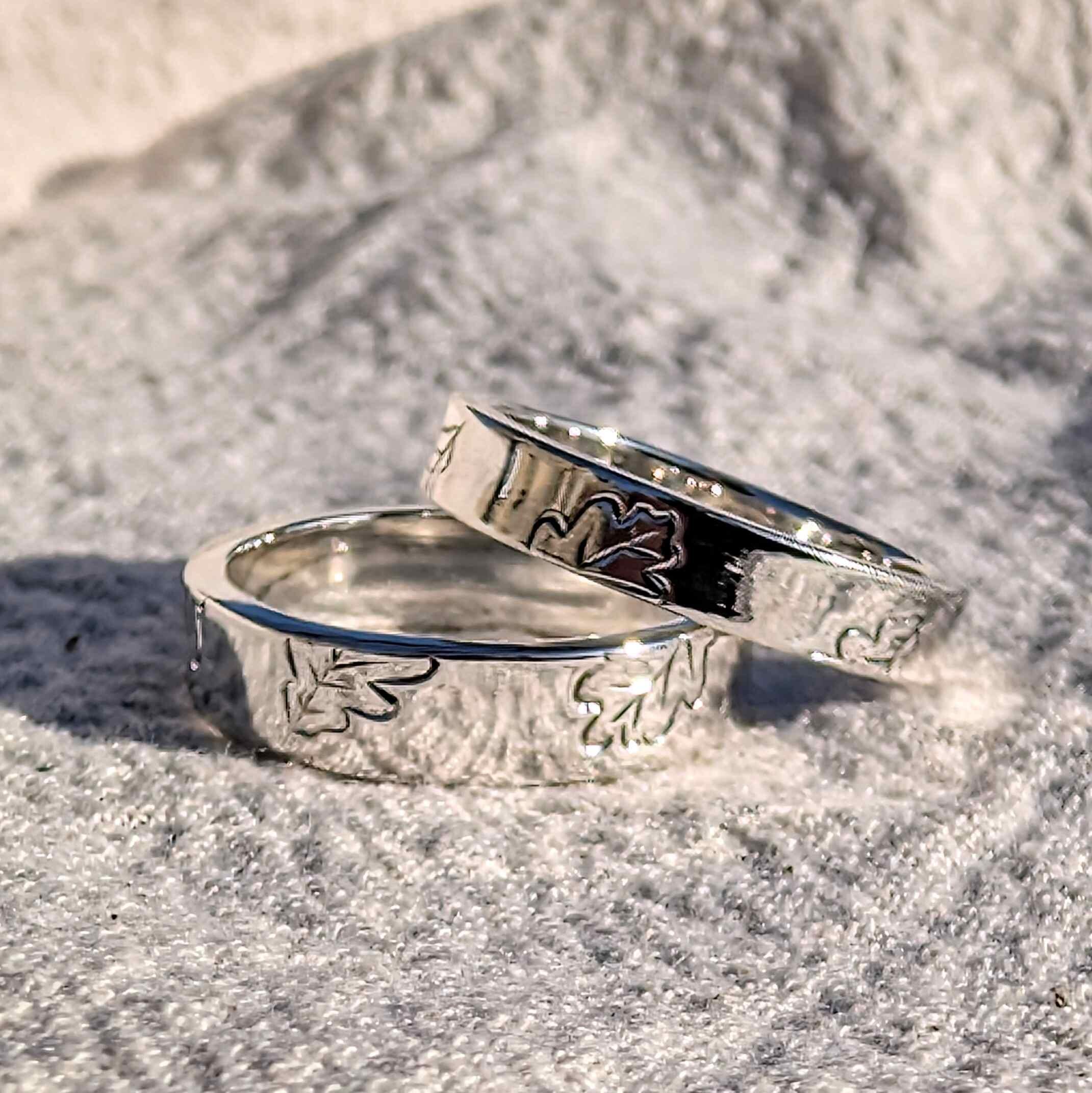 Hand Engraved Oak Leaf His and Hers Sterling Silver Wedding Bands (Set)