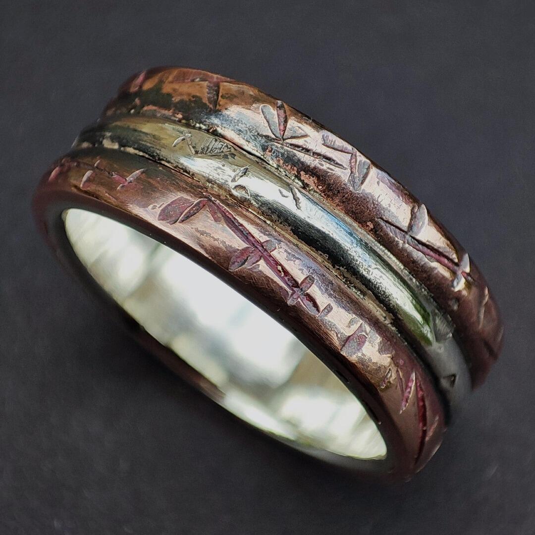 Rune Ring Wide Band, Mixed Metal Textured Sterling Silver and Copper ...