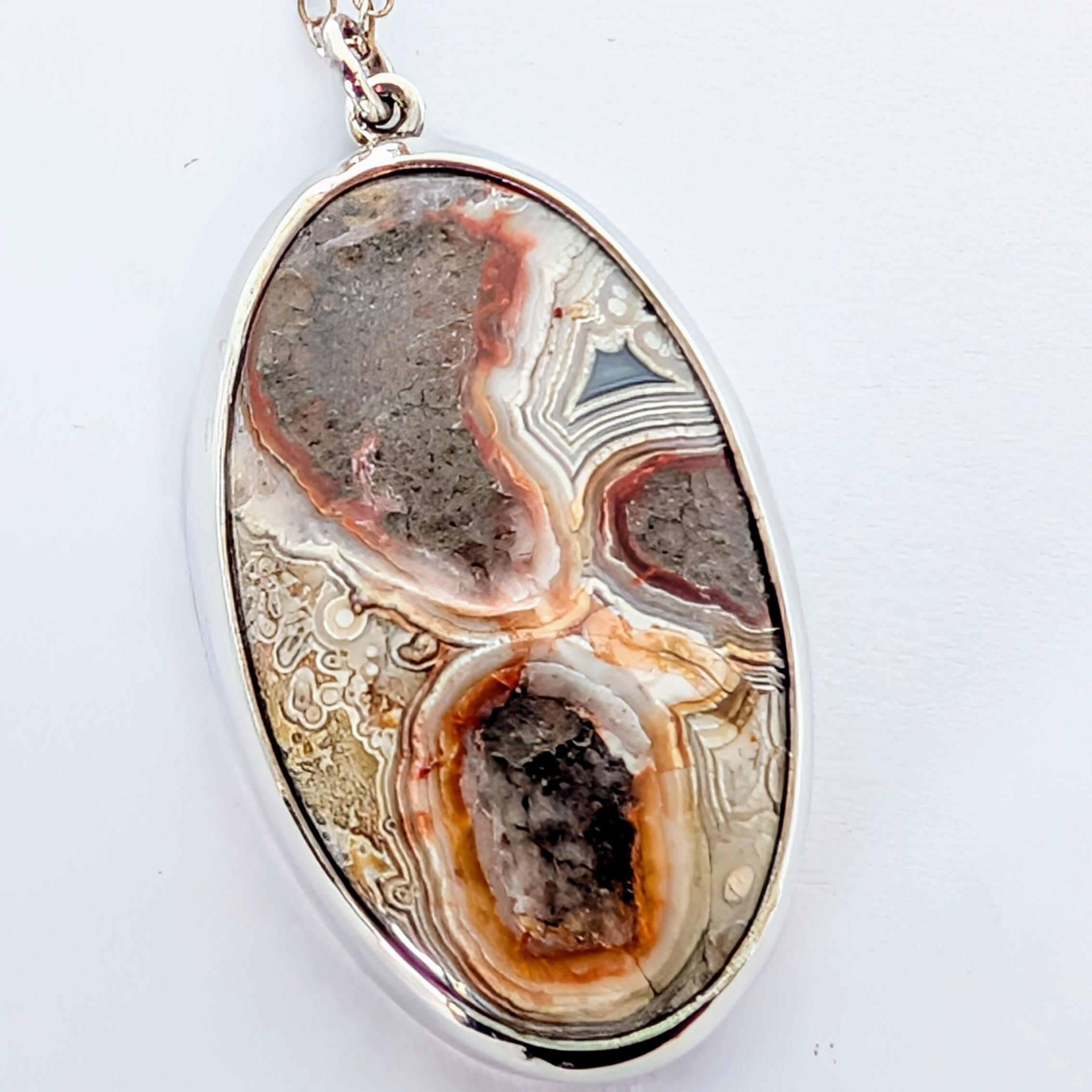 Crazy Lace Agate Oval Pendant handmade with Recycled Sterling Silver