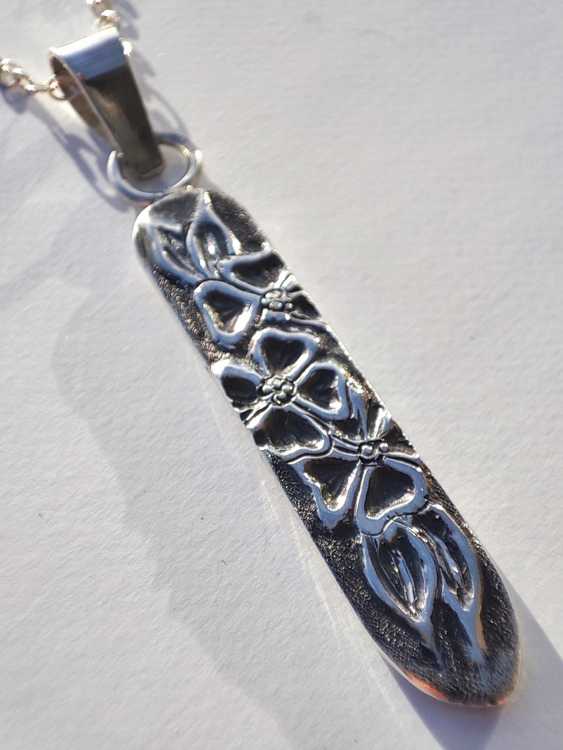 Hand Engraved Floral Pendant, long and narrow pendant in Sterling Silver