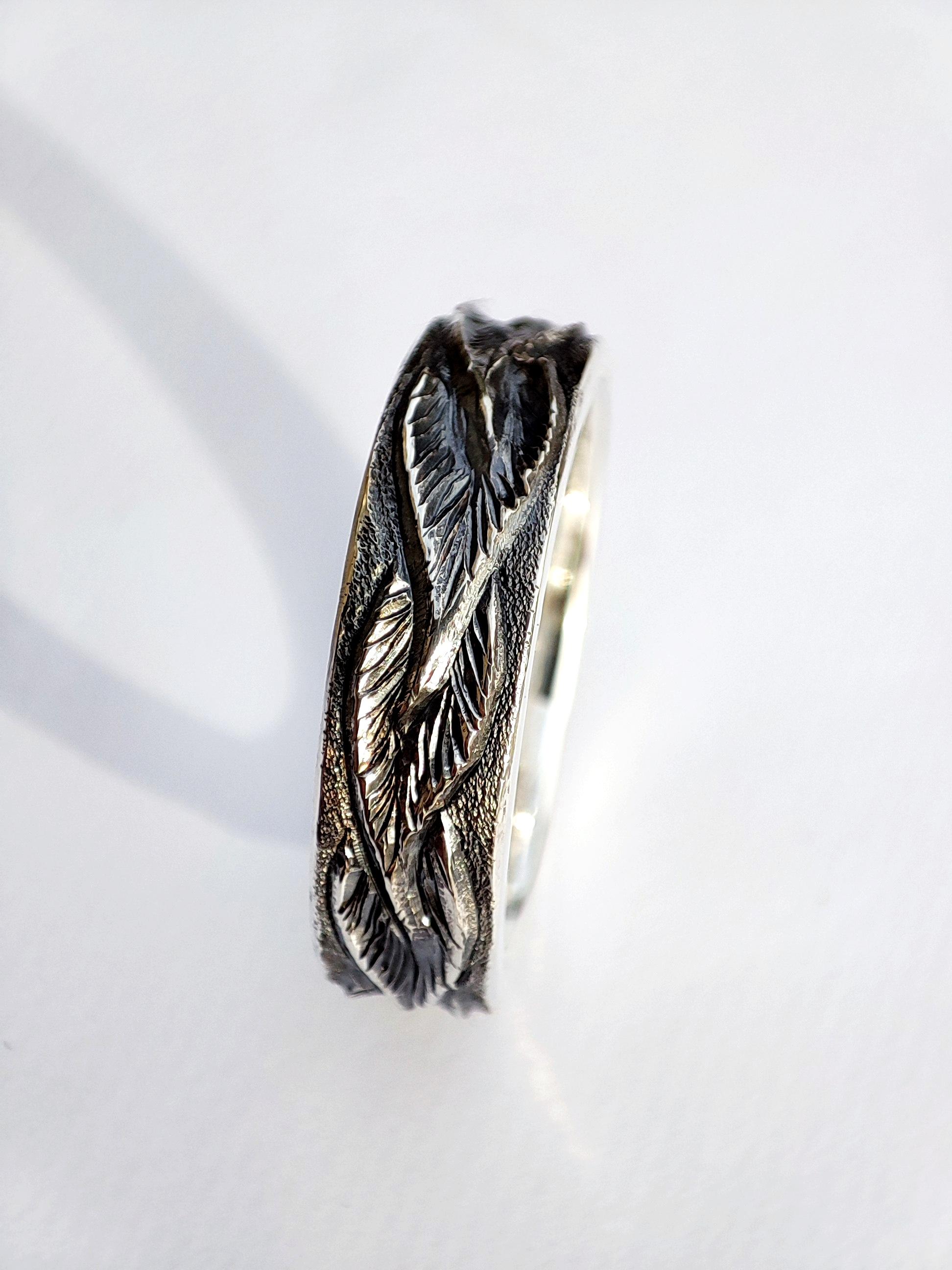 Hand Engraved Leaf Ring, Wide Band Ring, in Sterling Silver