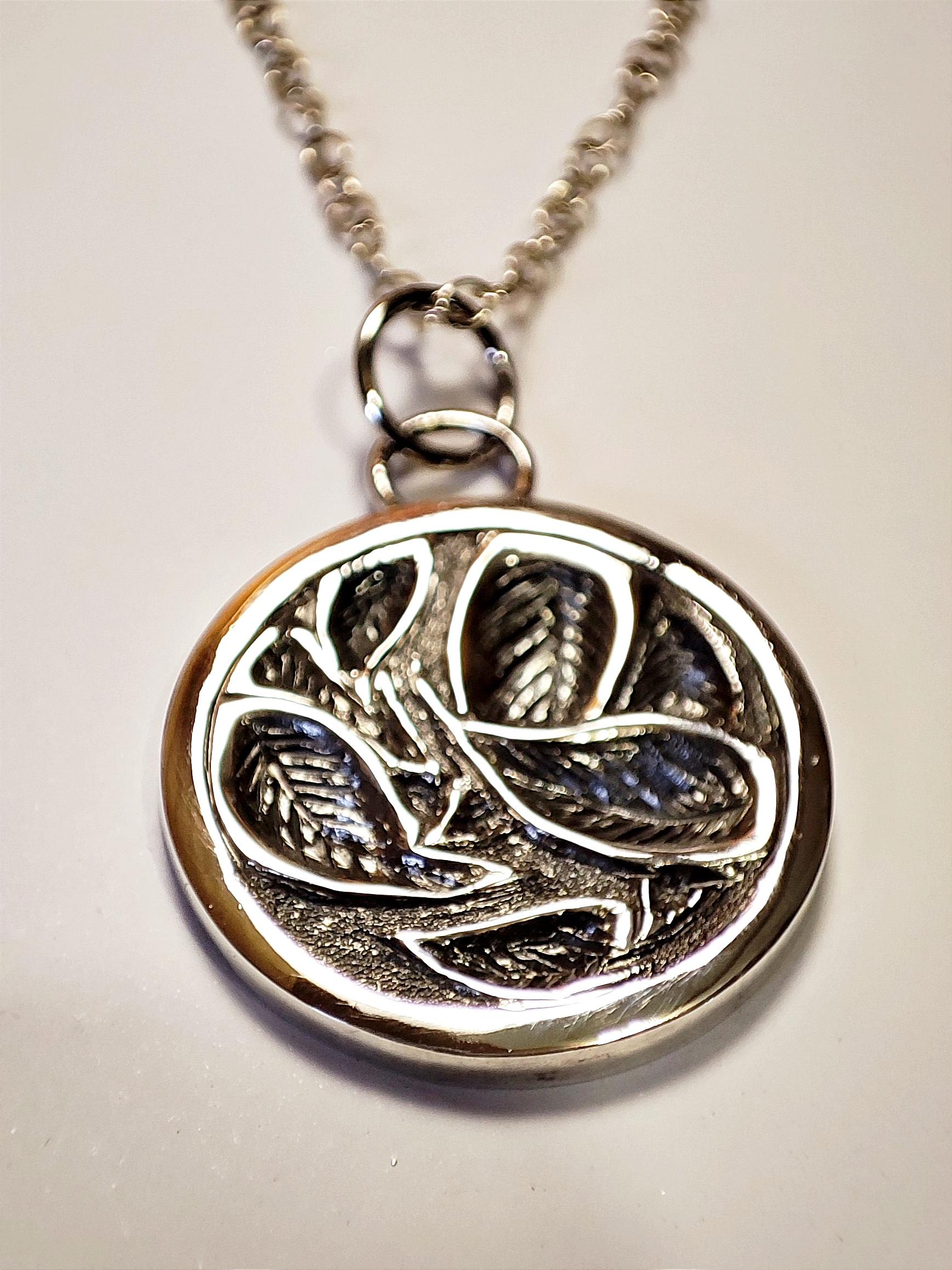 Hand Engraved Leaf Pendant in Sterling Silver, Circular Pendant