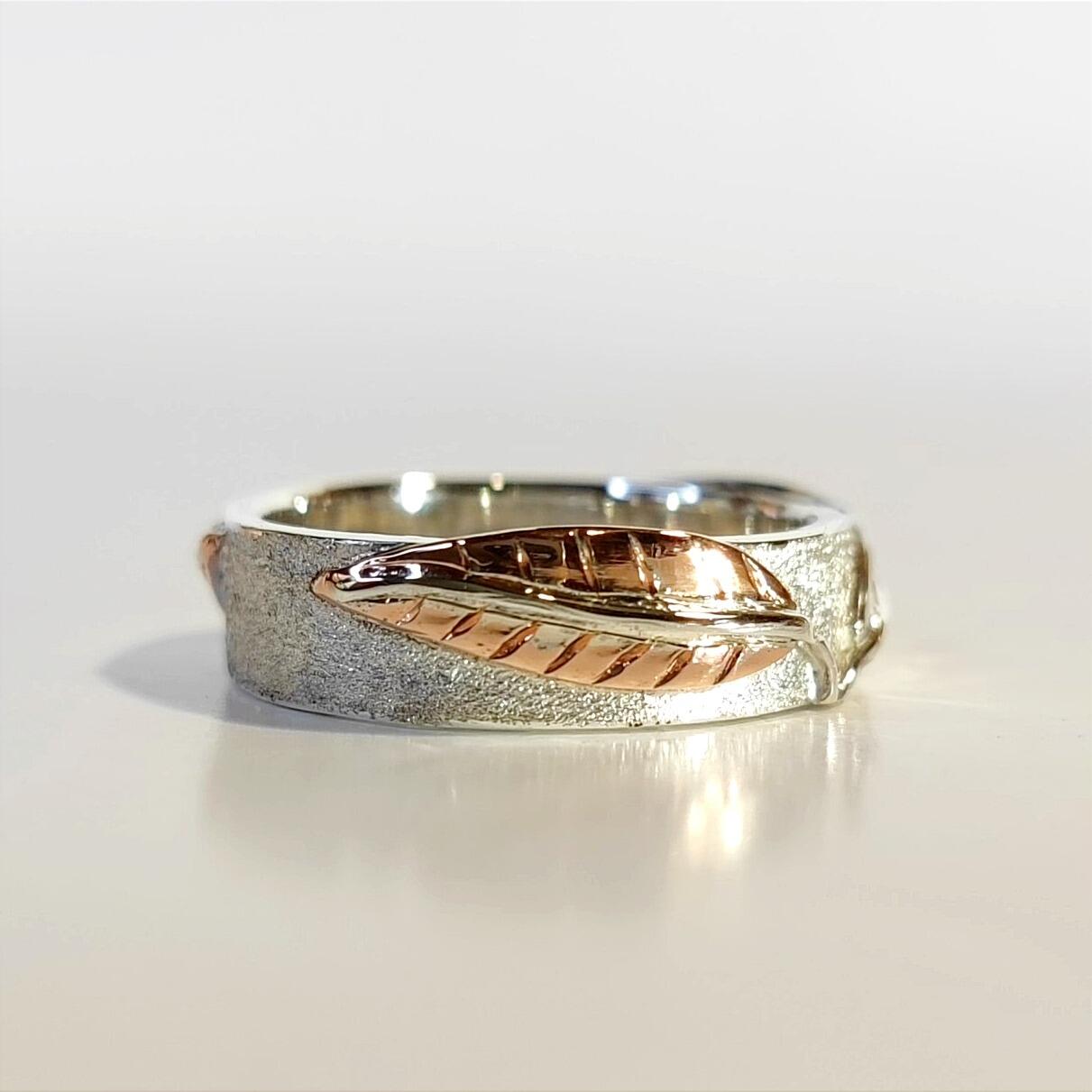 Leaf ring hand made with recycled sterling silver and copper, wide band ...