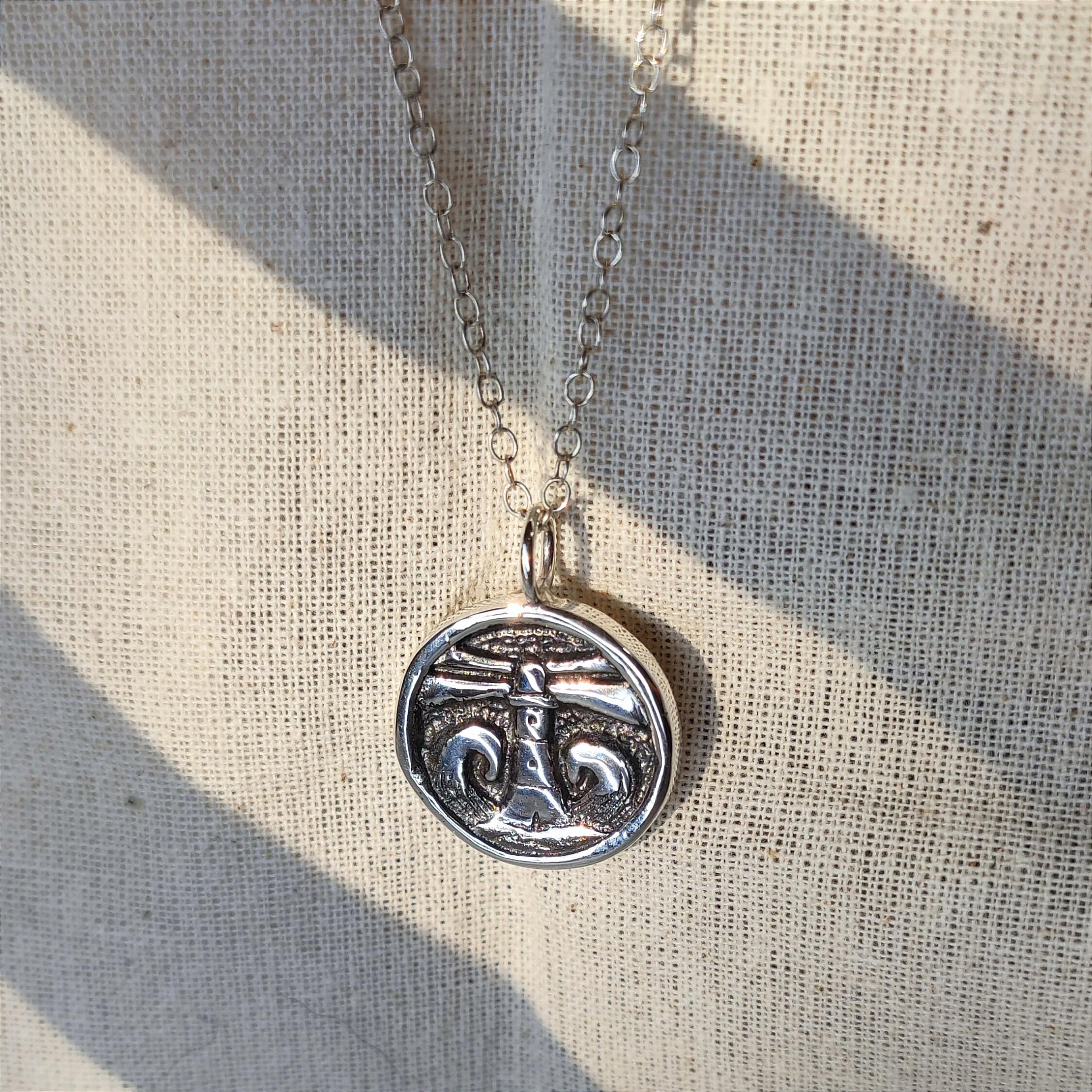 Circular Lighthouse Pendant, handmade with recycled sterling silver