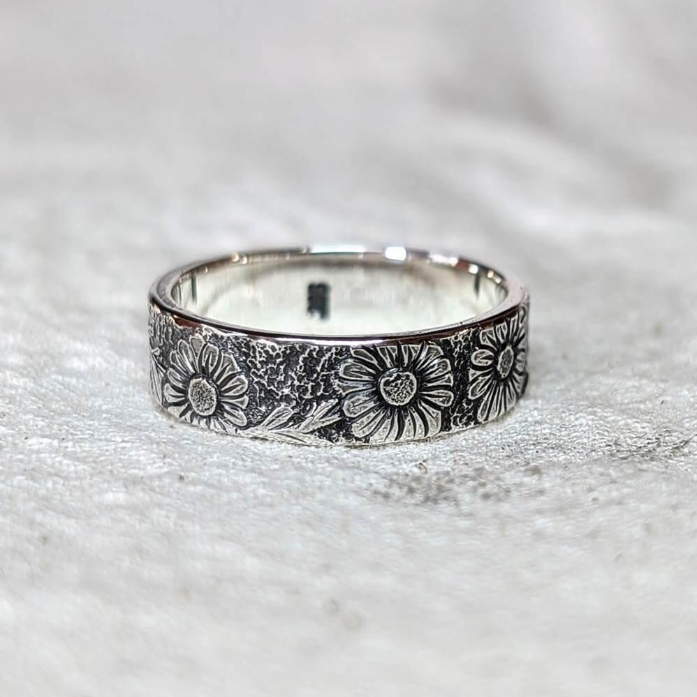 Rustic Daisy Engraved Recycled Sterling Silver Ring, Boho Chic Band ...
