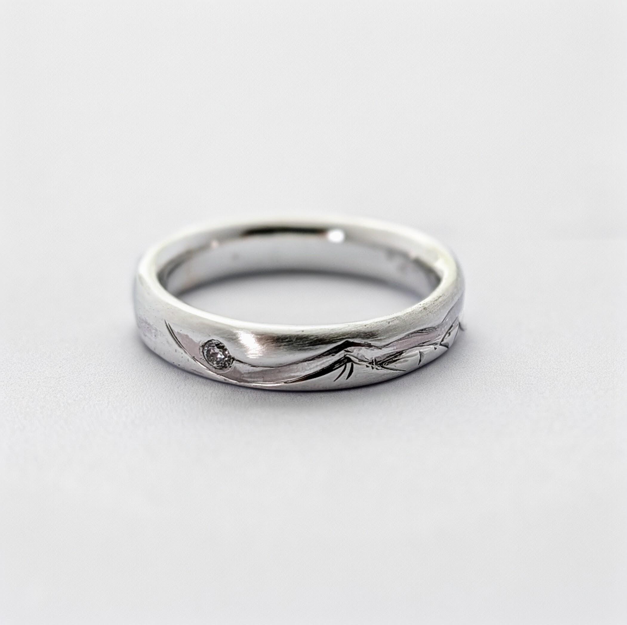 Sterling Silver Court Hand Engraved Mountain Ring with Cubic Zirconia