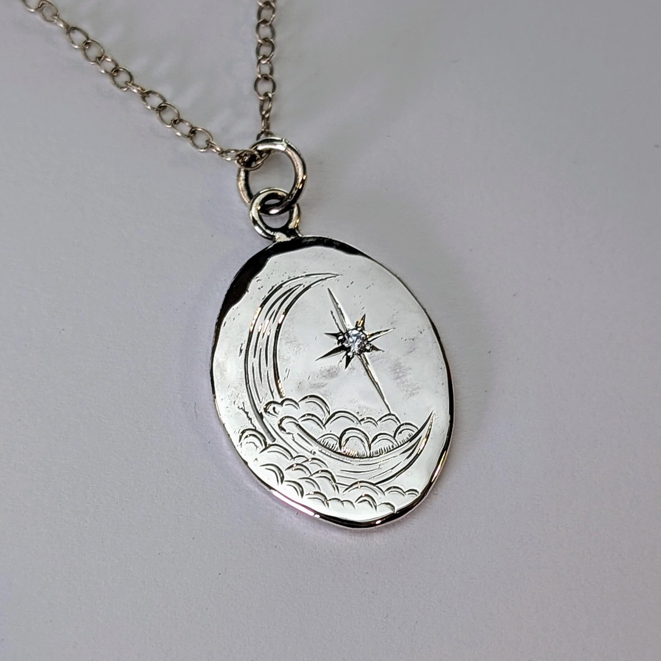 Hand Engraved Moon and Star Nugget Pendant, with 2mm cubic zirconia ...