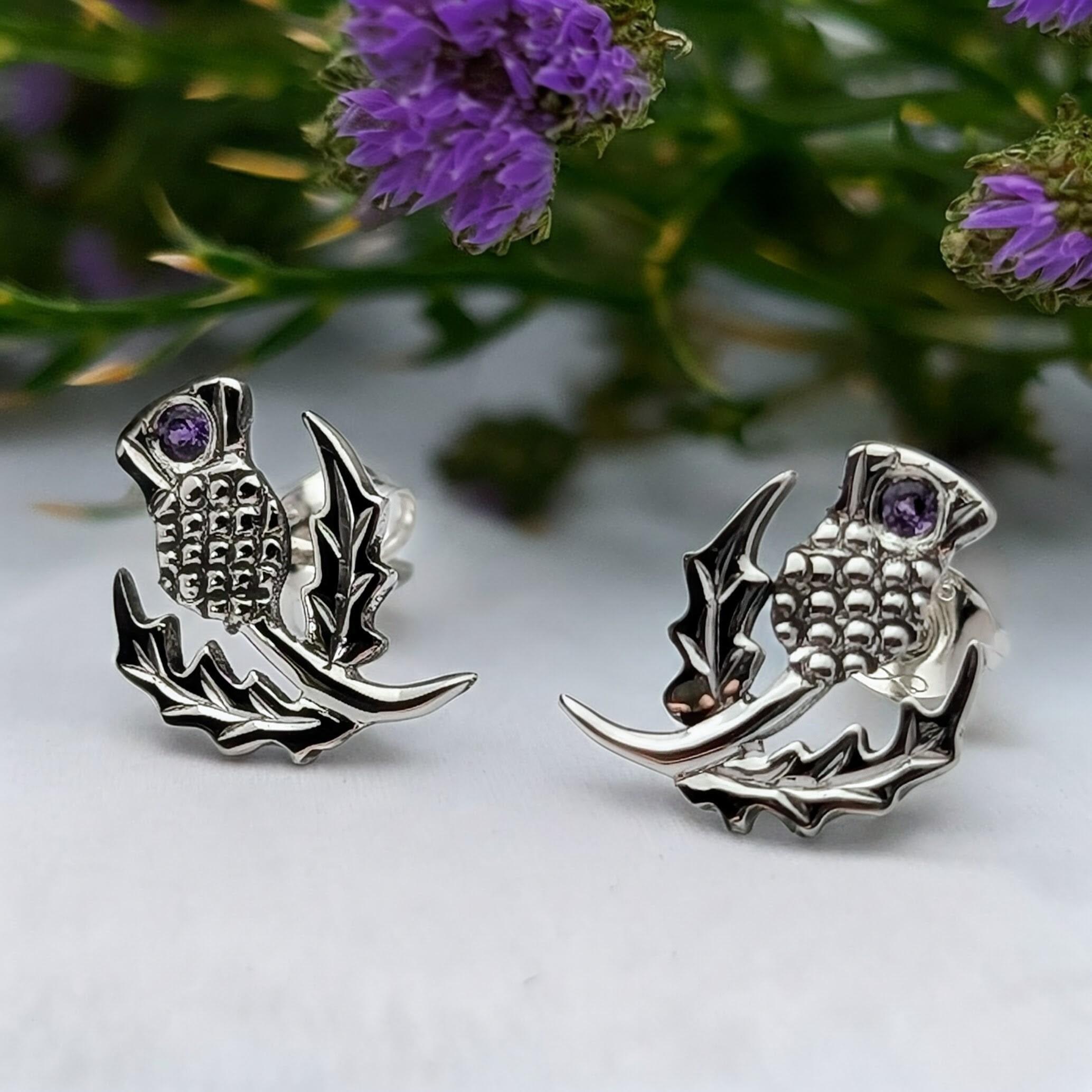 Thistle Stud Earrings with Amethyst handmade with recycled sterling silver