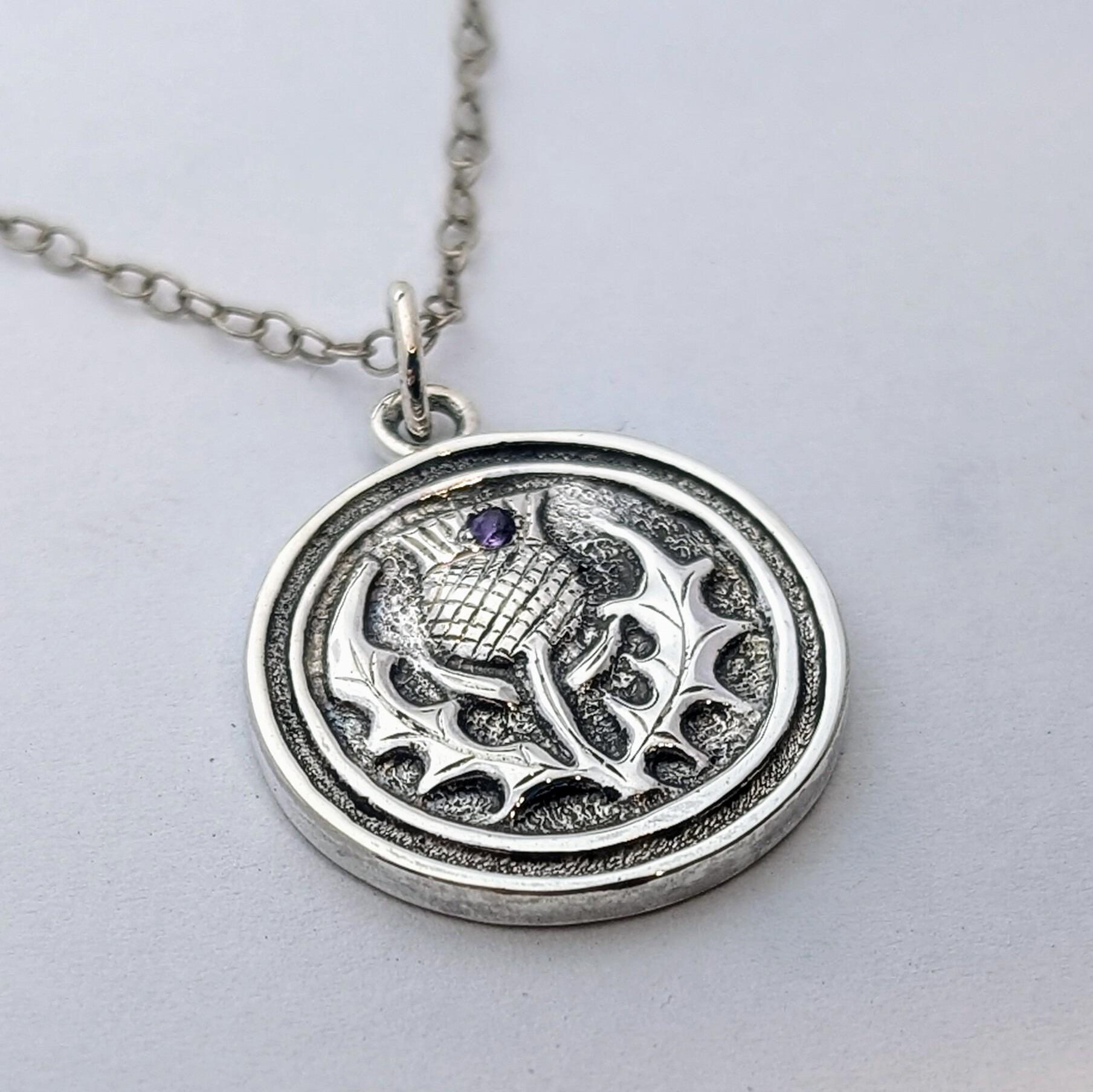 Thistle Pendant with Amethyst, handmade with recycled sterling silver