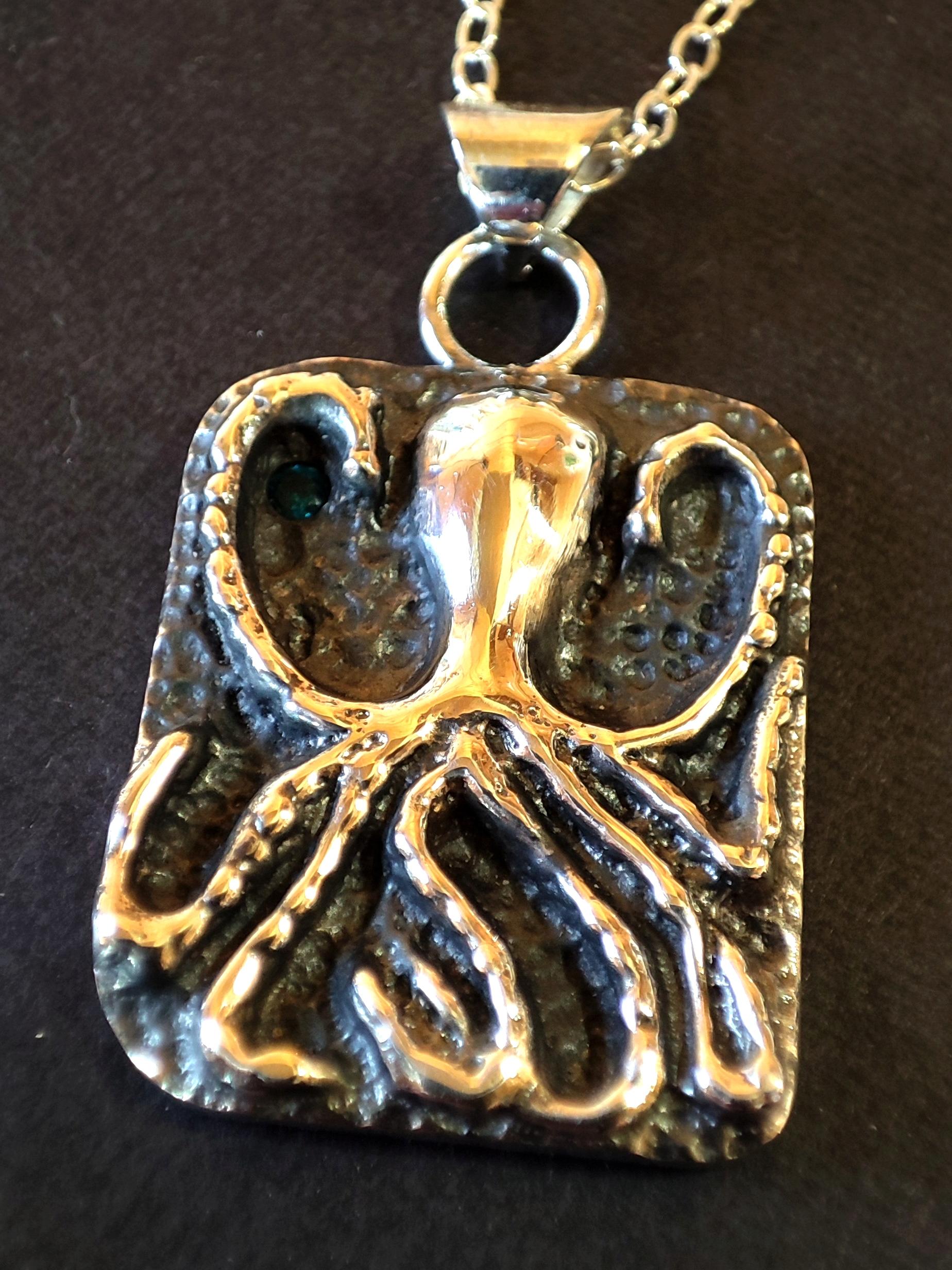 Sterling Silver Octopus Pendant with Aqua Blue CZ