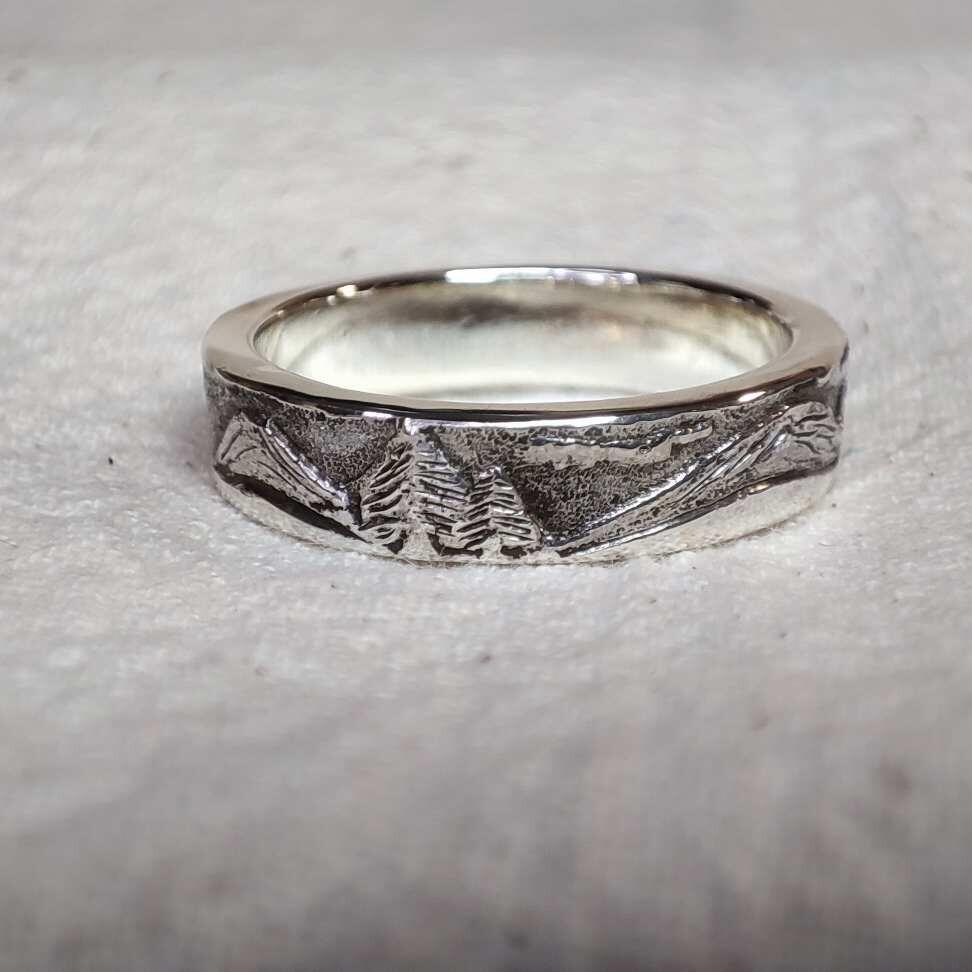 Hand Engraved Three Tree Mountain Ring, handmade with recycled sterling ...