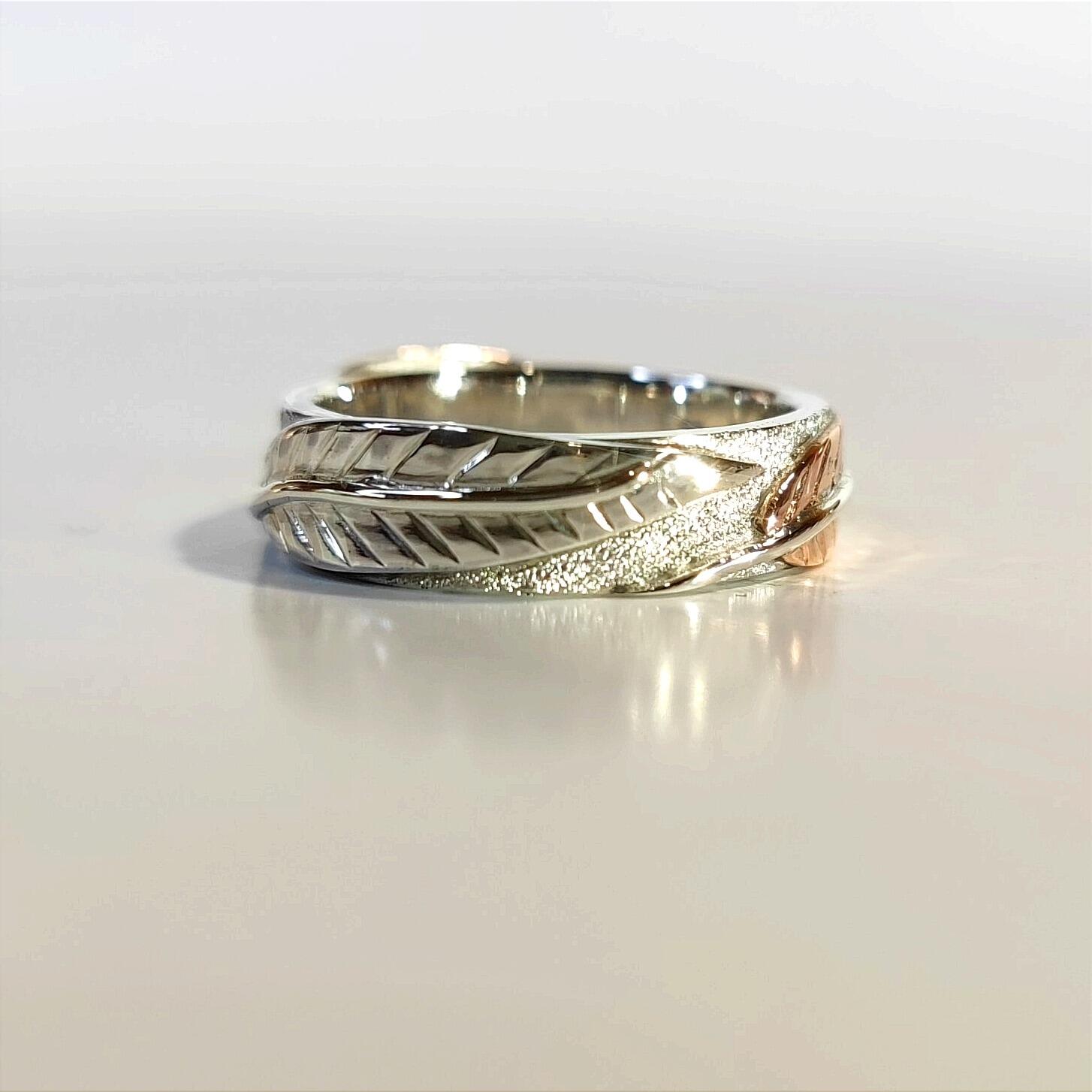 Leaf ring hand made with recycled sterling silver and copper, wide band ...