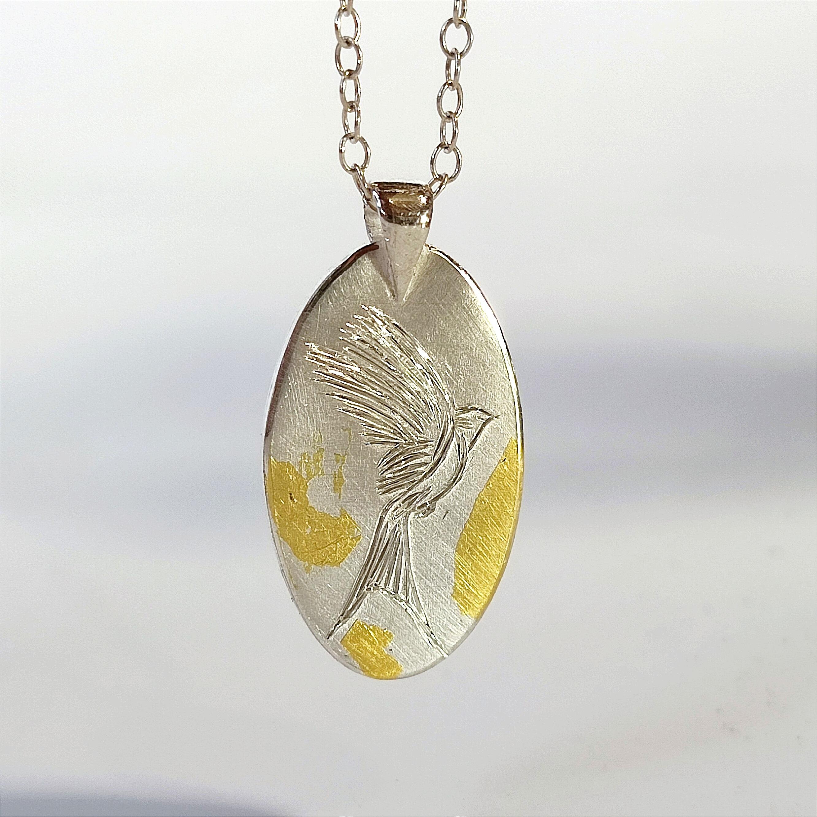 Oval pendant with hand engraved design, with brush finish, made with ...