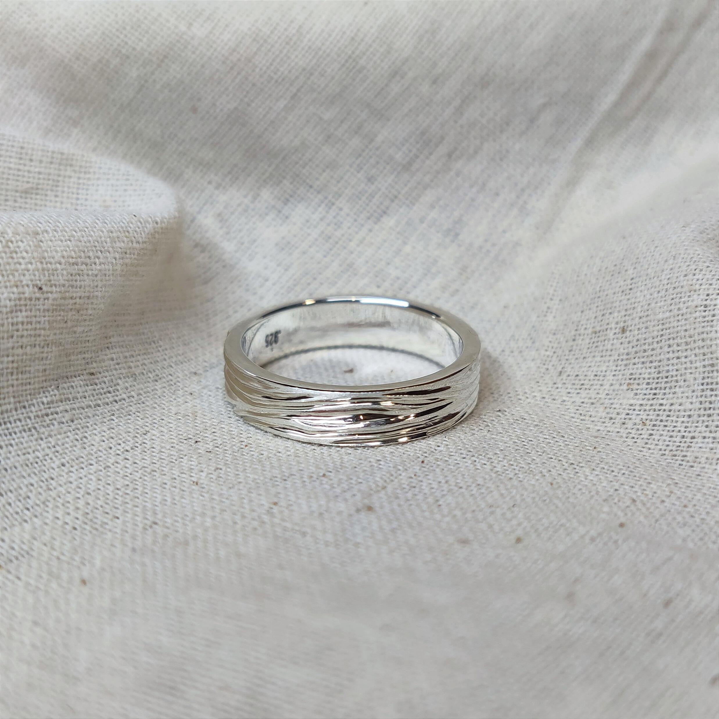 Hand Engraved Ribbon Ring, Recycled Sterling Silver