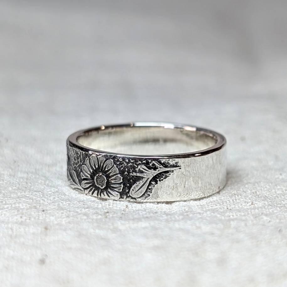 Rustic Daisy Engraved Recycled Sterling Silver Ring, Boho Chic Band ...