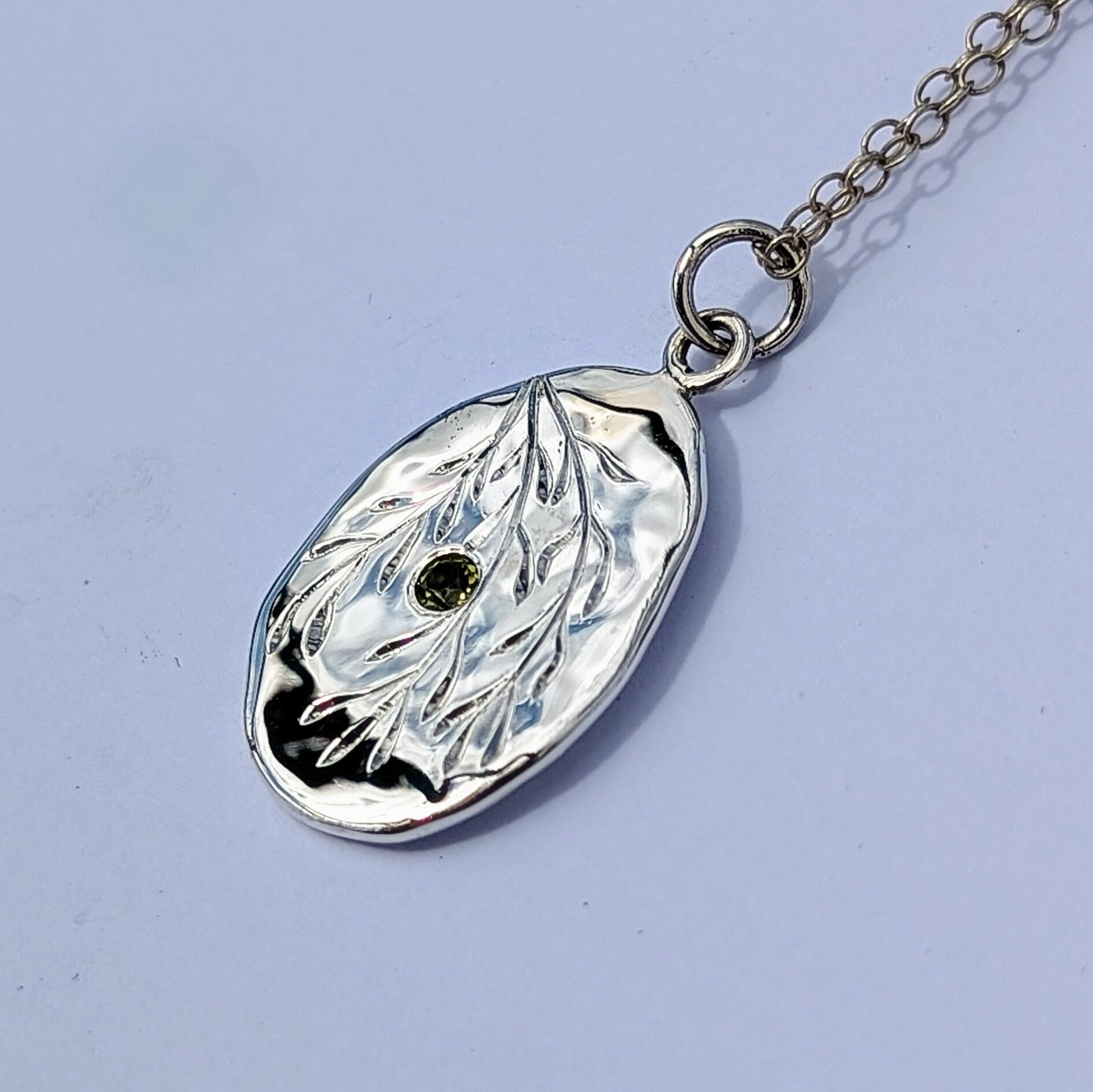 Hand Engraved Olive Branch Pendant with Peridot, handmade in Scotland