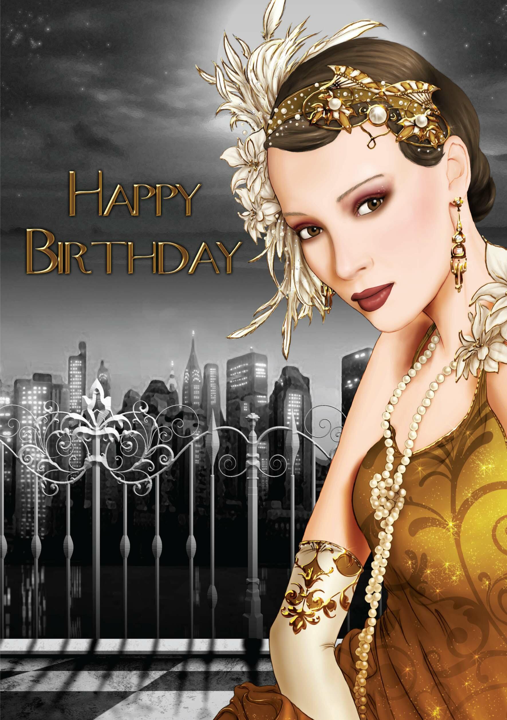 A5 Art Deco Pearl GC - Happy Birthday Night Skyline