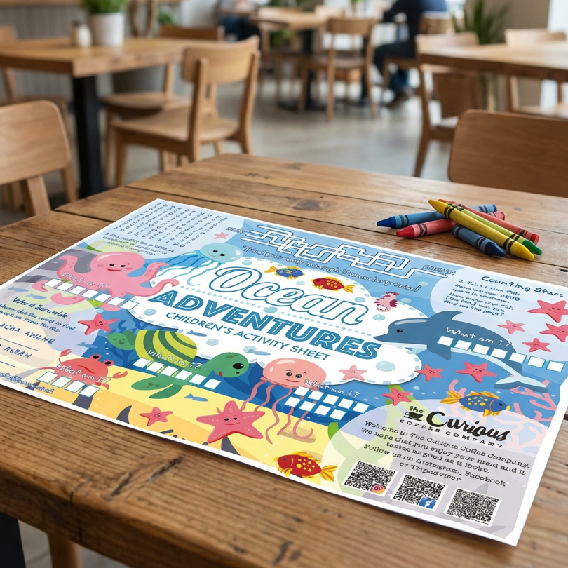Ocean Adventures Personalised Kids Menus, Childrens activity menus