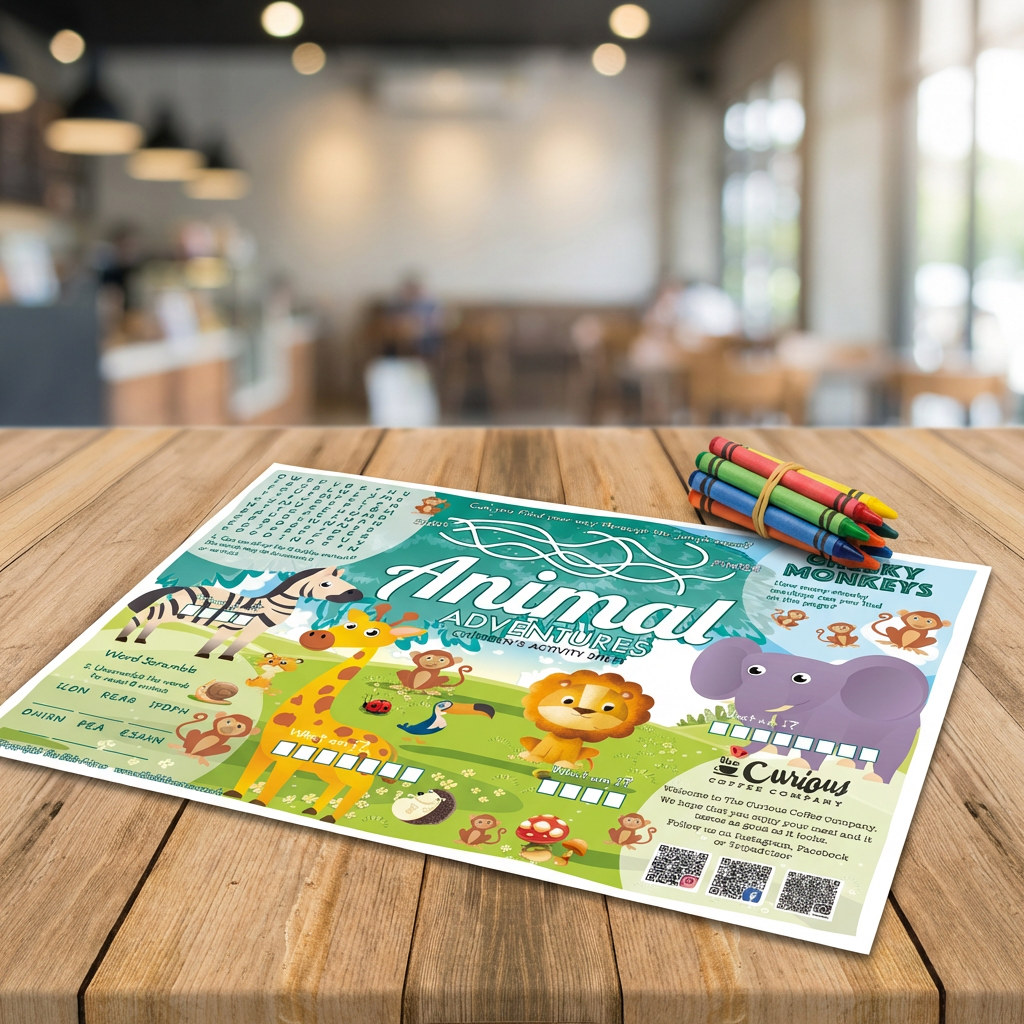 Animal Adventures Kids Menus, Personalised, Kids Activity Menus