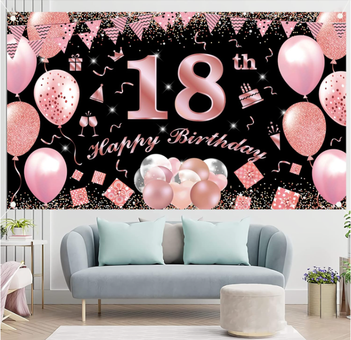 Pink 18th Birthday Backdrop Banner - Large Fabric Photo Background ...
